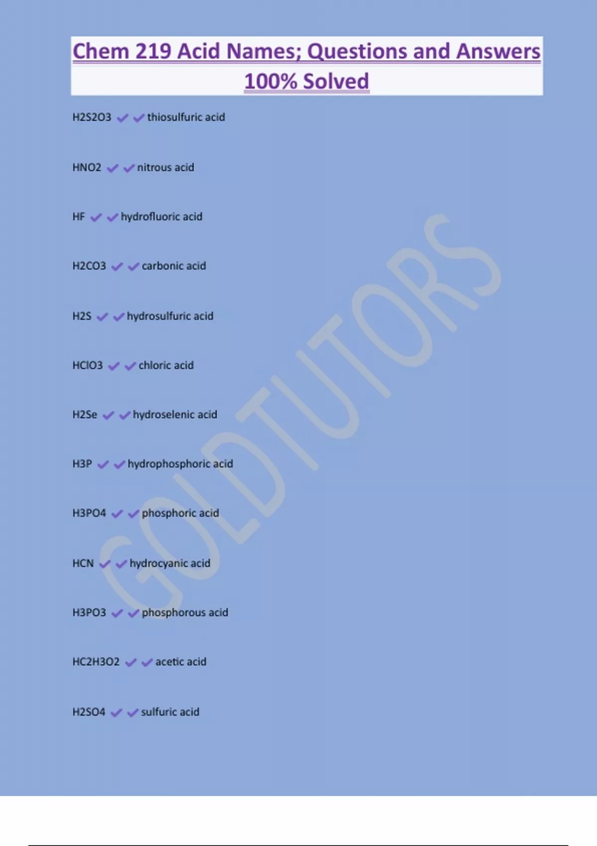 Chem 219 Acid Names; Questions and Answers 100% Solved - Chem 219 ...