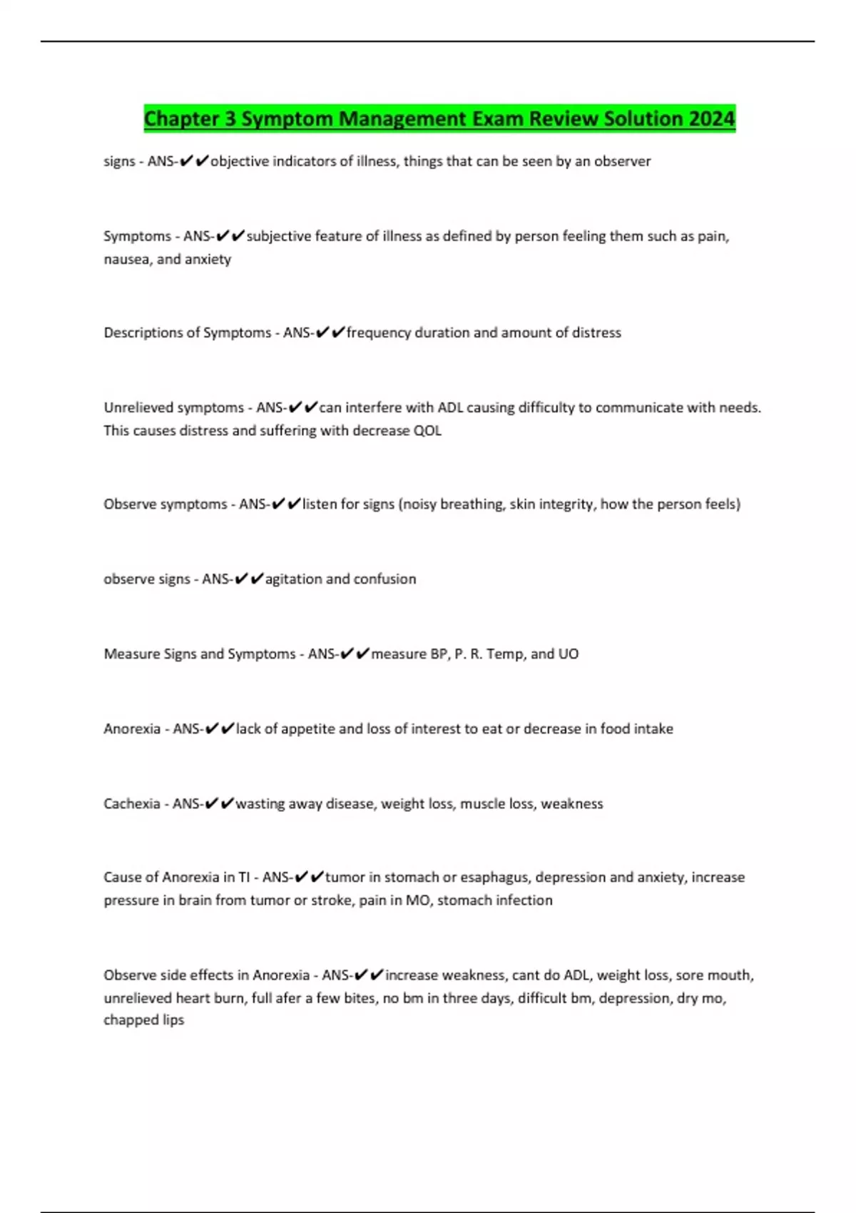 Chapter 3 Symptom Management Exam Review Solution 2024 - Symptom ...