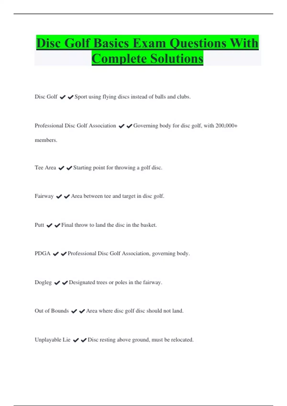 Disc Golf Basics Exam Questions With Complete Solutions - Disc Golf ...