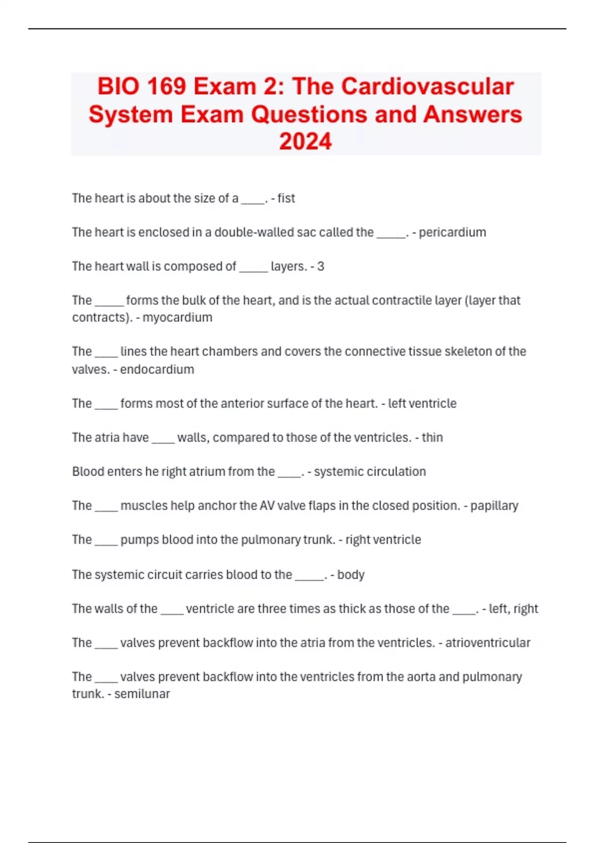 BIO 169 Exam 2: The Cardiovascular System Exam Questions and Answers ...