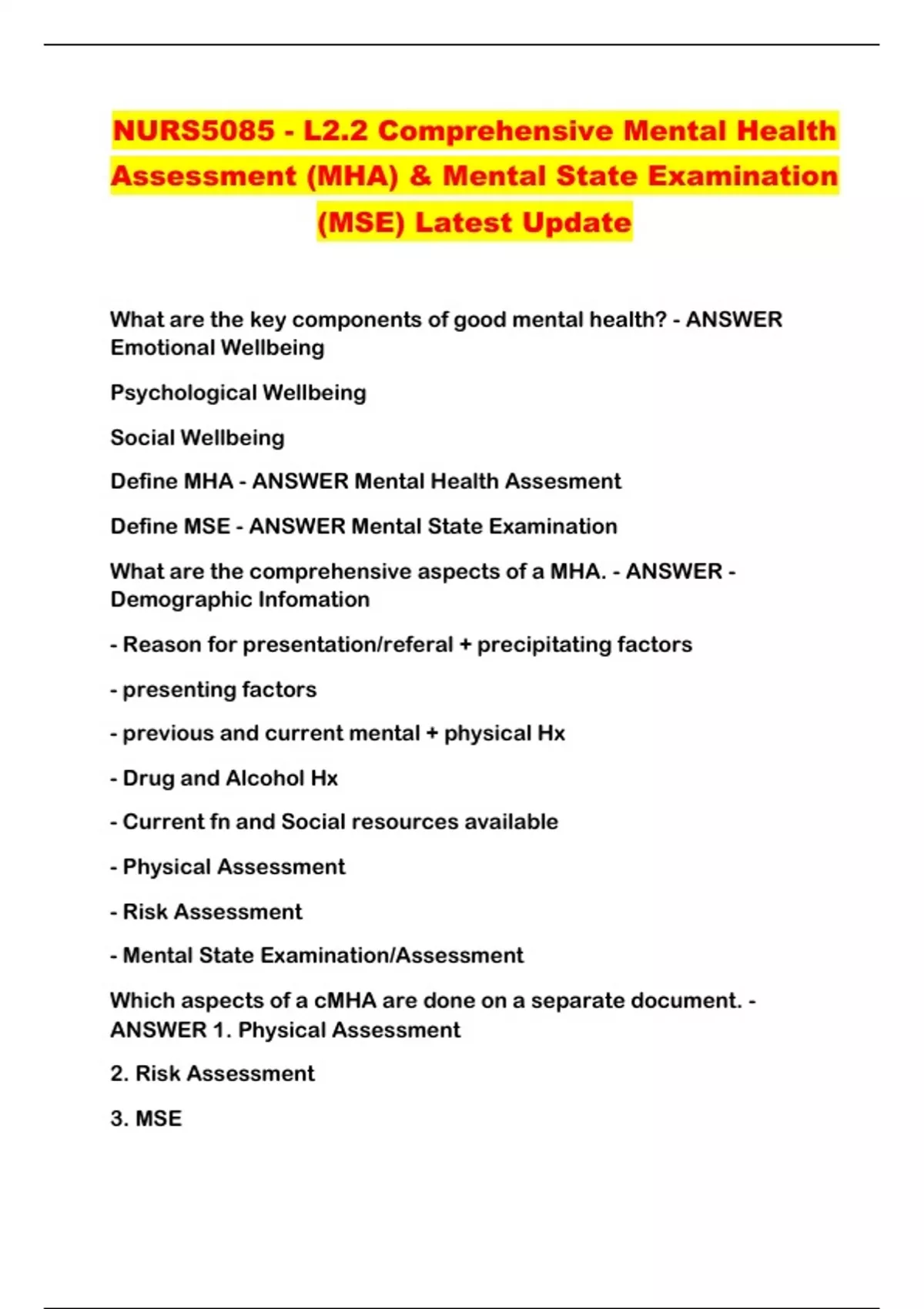 NURS5085 - L2.2 Comprehensive Mental Health Assessment (MHA) & Mental ...