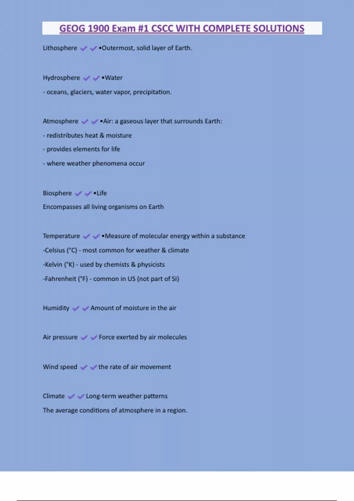 GEOG 1900 Exam #1 CSCC WITH COMPLETE SOLUTIONS - GEOG 1900 - Stuvia US