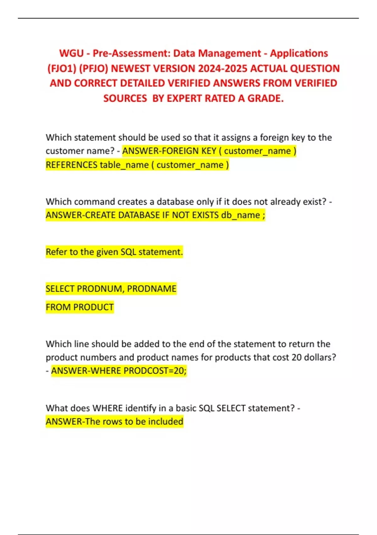 WGU - Pre-Assessment: Data Management - Applications (FJO1) (PFJO) NEWEST VERSION ACTUAL ...