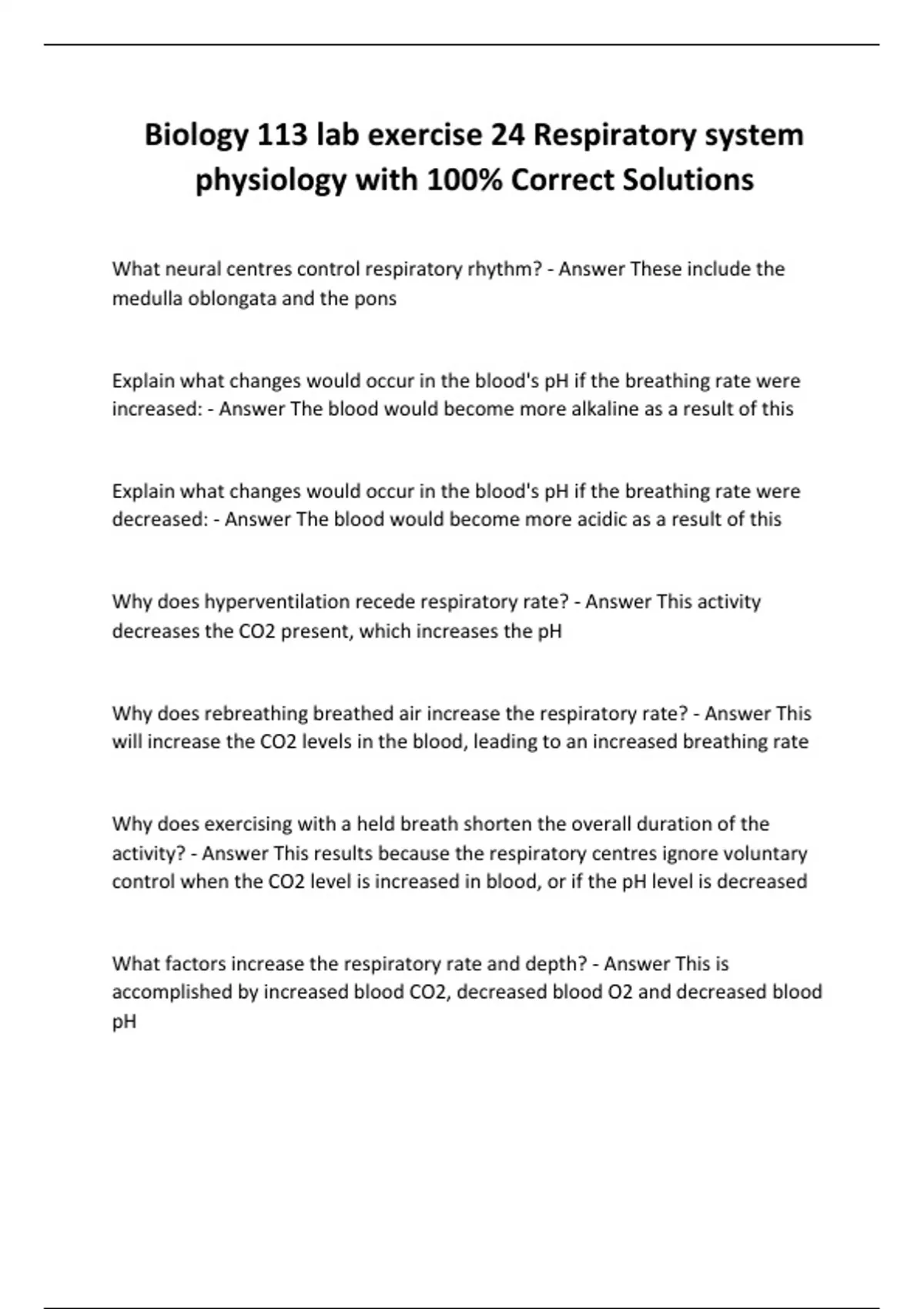 Biology 113 lab exercise 24 Respiratory system physiology with 100% ...