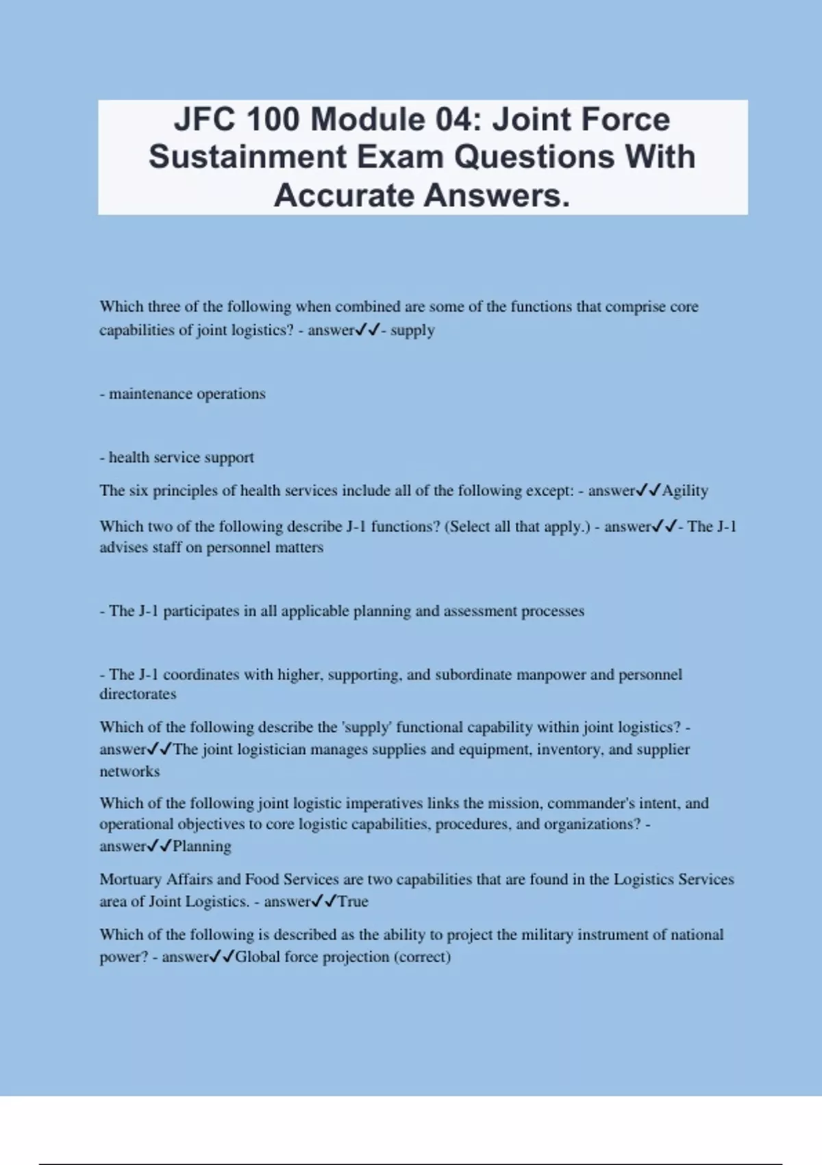 JFC 100 Module 04: Joint Force Sustainment Exam Questions With Accurate ...