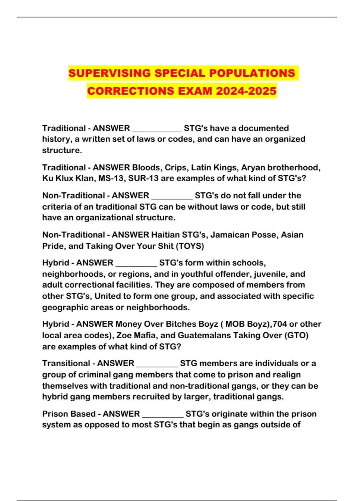 SUPERVISING SPECIAL POPULATIONS CORRECTIONS EXAM - SUPERVISING SPECIAL POPULATIONS - Stuvia US
