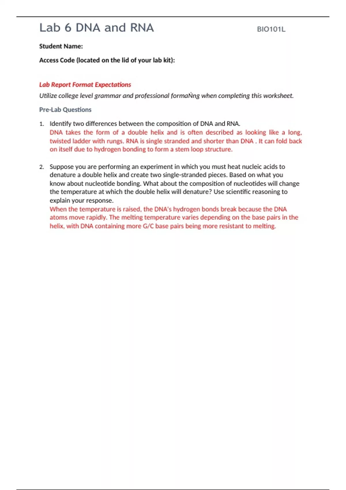 BIO 101L Lab 6 DNA & RNA SUMMER 2024 - BIO 101 - Stuvia UK