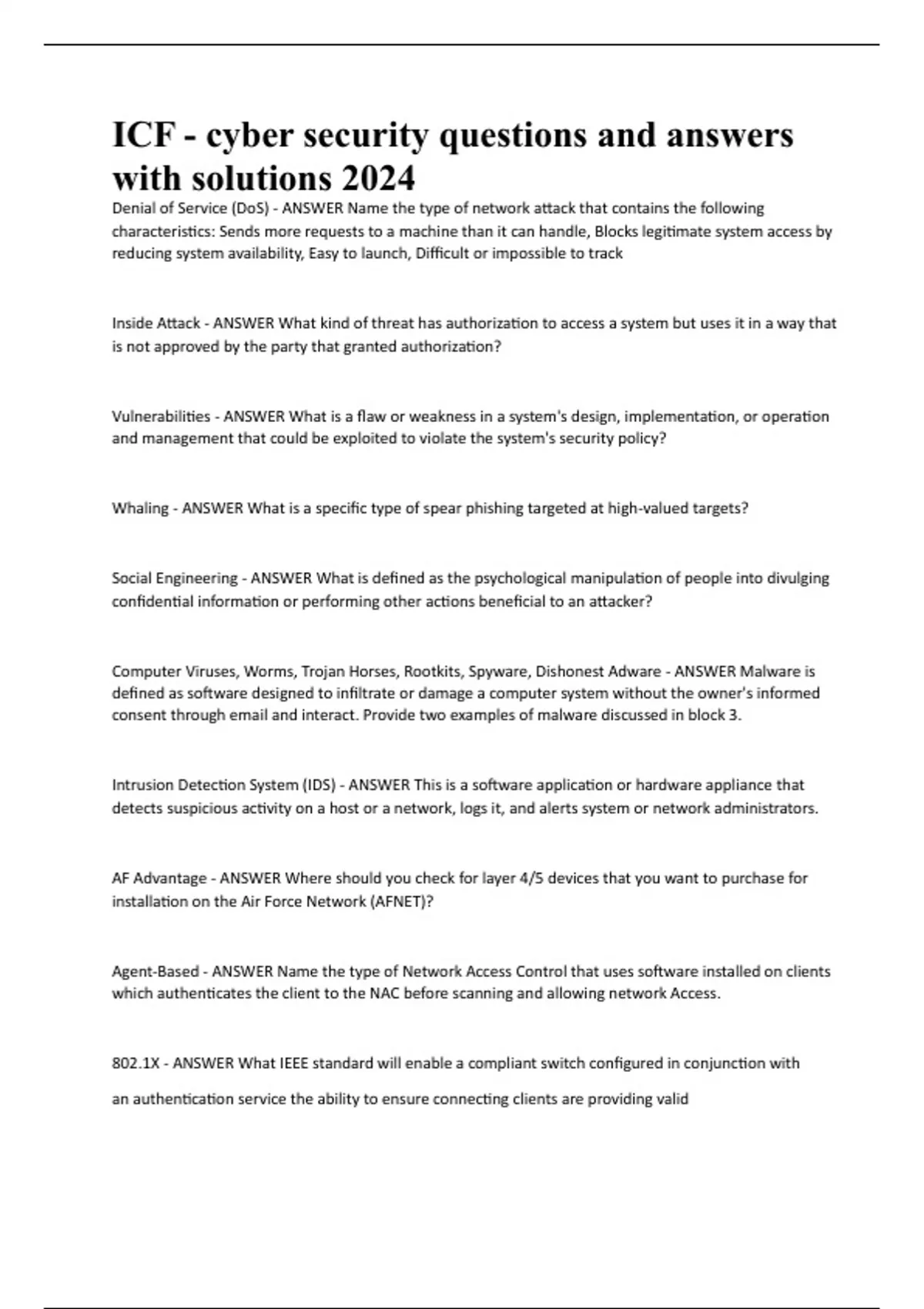 ICF - cyber security questions and answers with solutions 2024 - CYBER SECURITY - Stuvia US