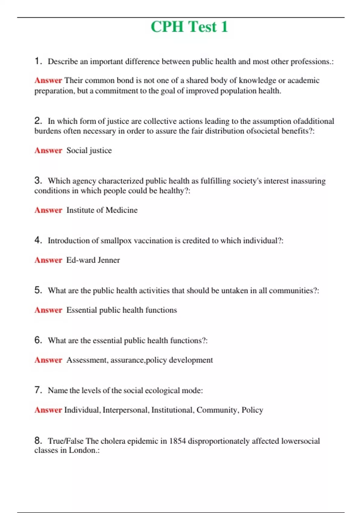 CPH Test 1 (Latest 2024) Questions With Complete Grade A+ Answers - CPH ...