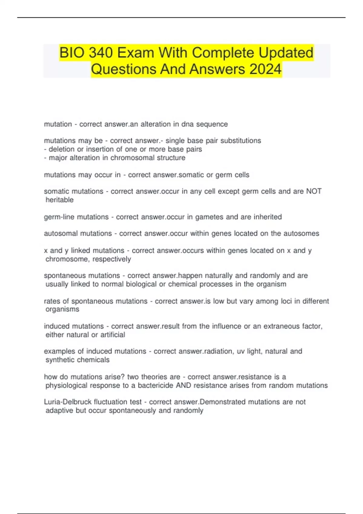 BIO 340 Exam With Complete Updated Questions And Answers 2024 - BIO 340 - Stuvia US