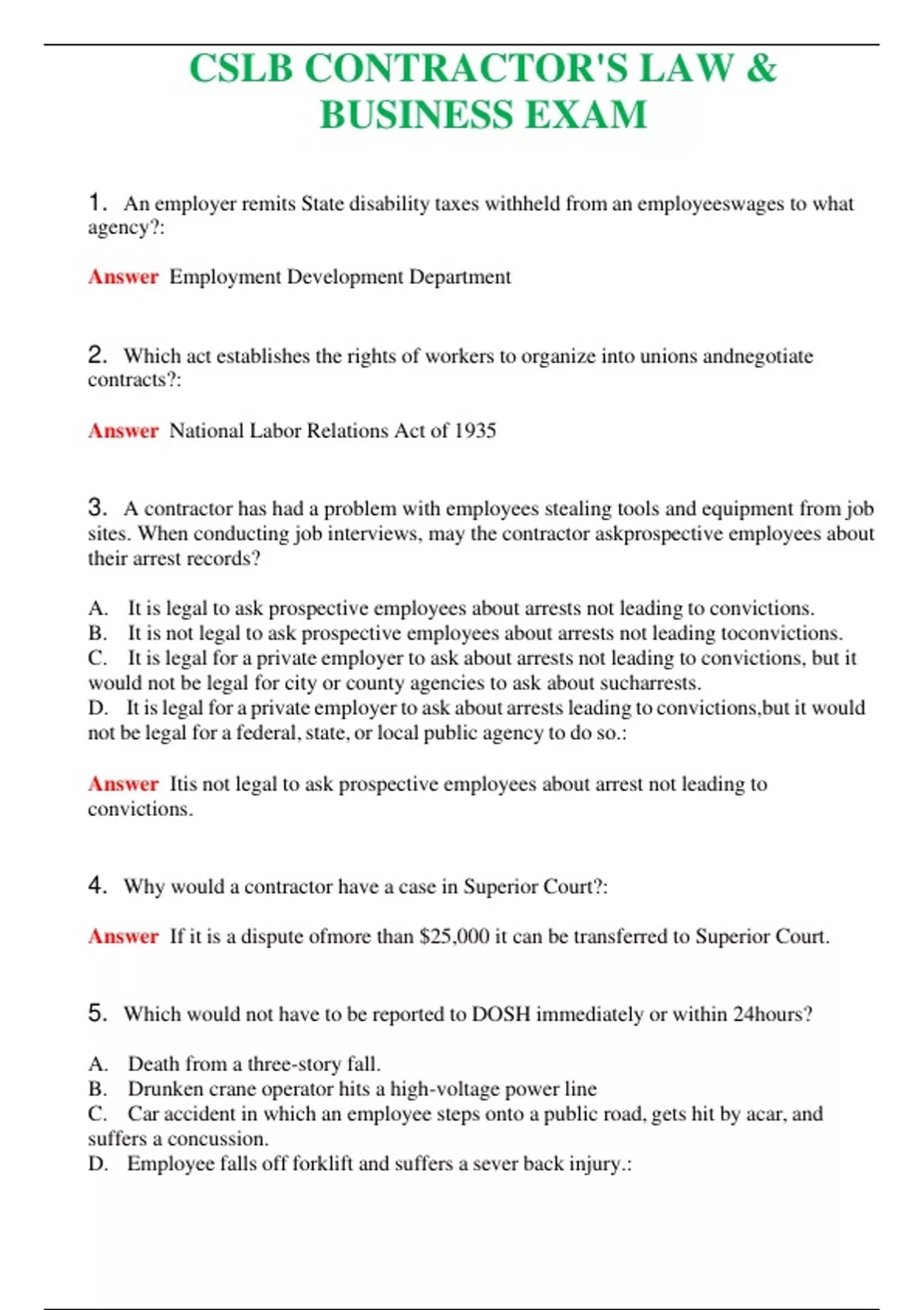 CSLB CONTRACTOR'S LAW & BUSINESS EXAM (Latest 2024) Questions With ...