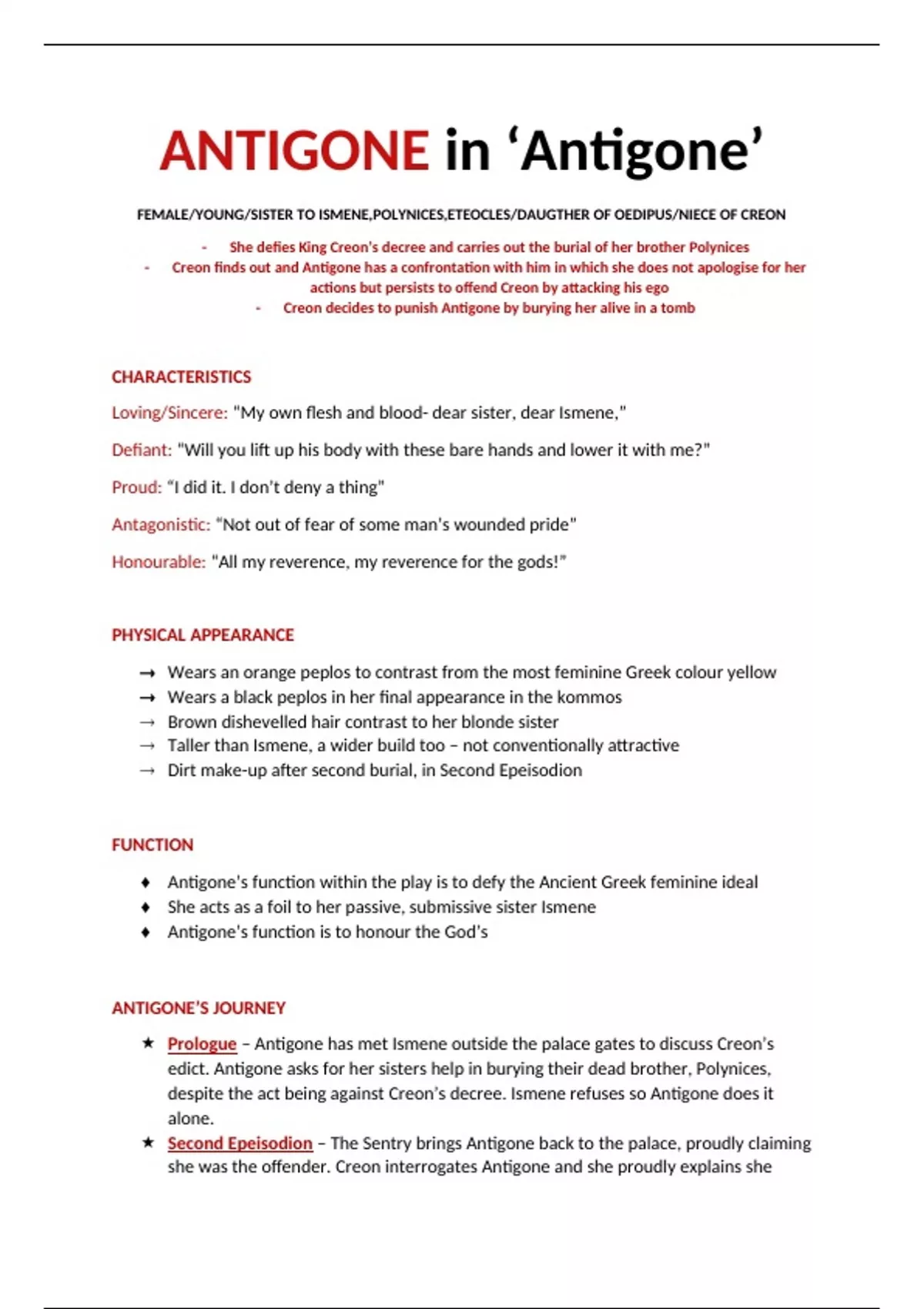 Summary AQA A-Level Drama 'ANTIGONE' Character Profile - Antigone ...