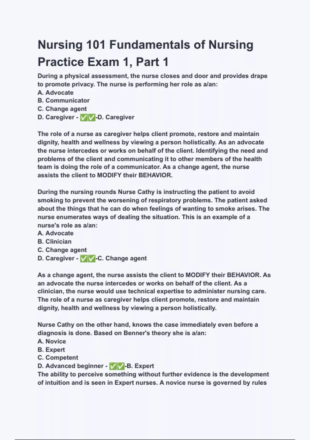 Nursing 101 Fundamentals of Nursing Practice Exam 1, Part 1 Questions ...