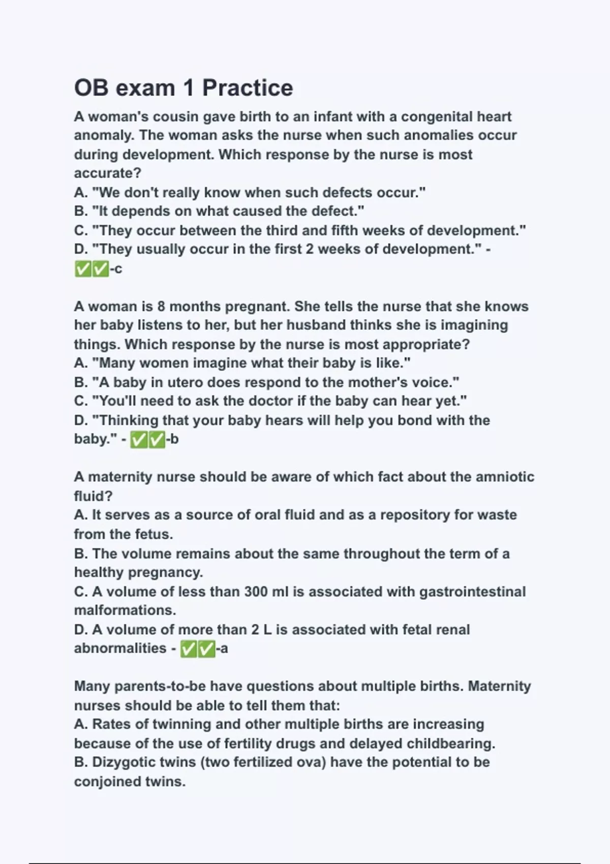 OB exam 1 Practice Questions with 100% Actual correct answers ...