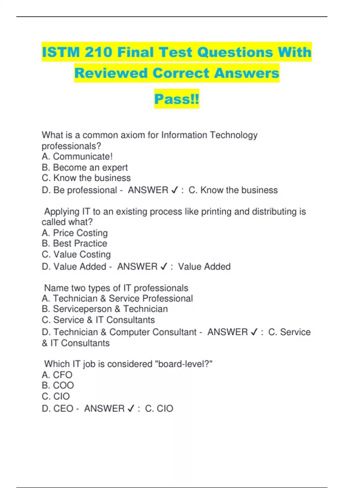ISTM 210 Final Test Questions With Reviewed Correct Answers Pass ...