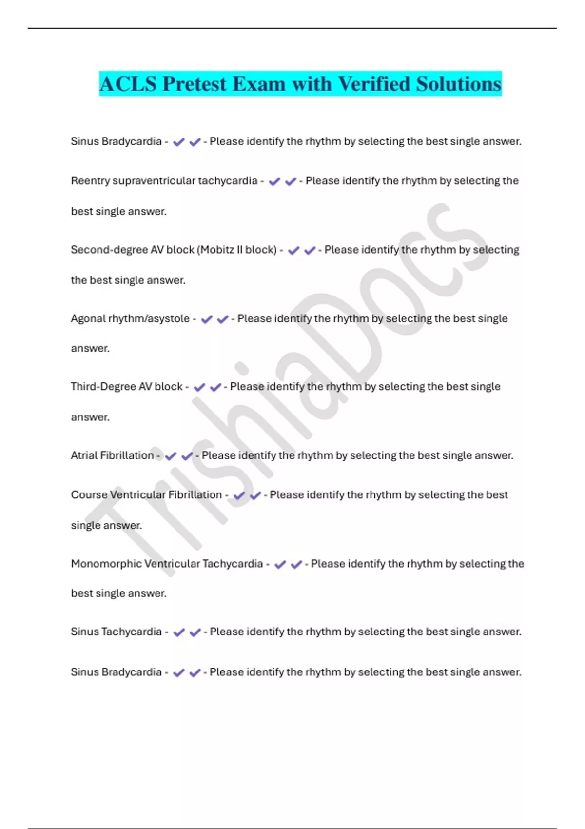 ACLS Pretest Exam with Verified Solutions - ACLS - Stuvia US