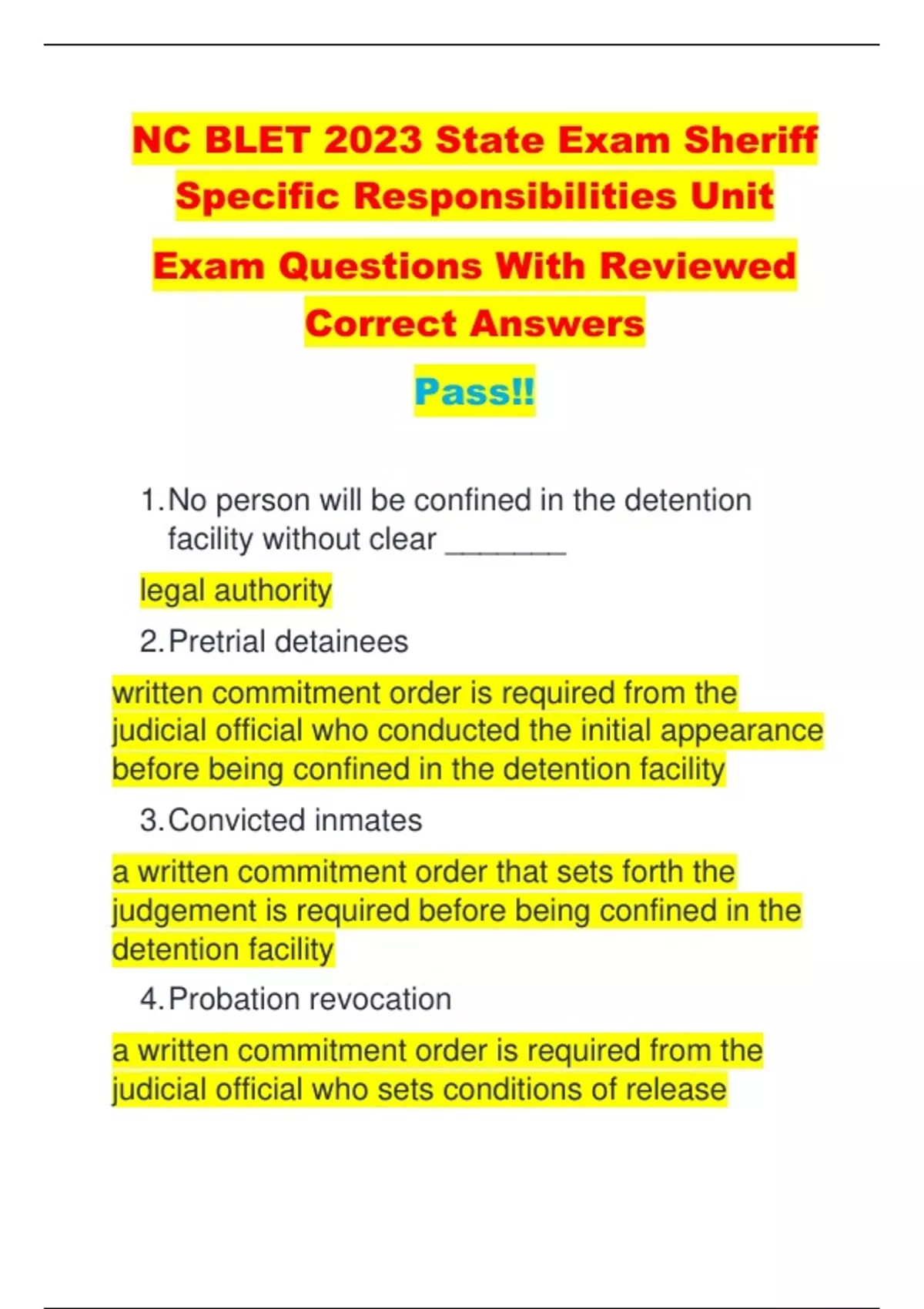NC BLET 2023 State Exam Sheriff Specific Responsibilities Unit Exam ...