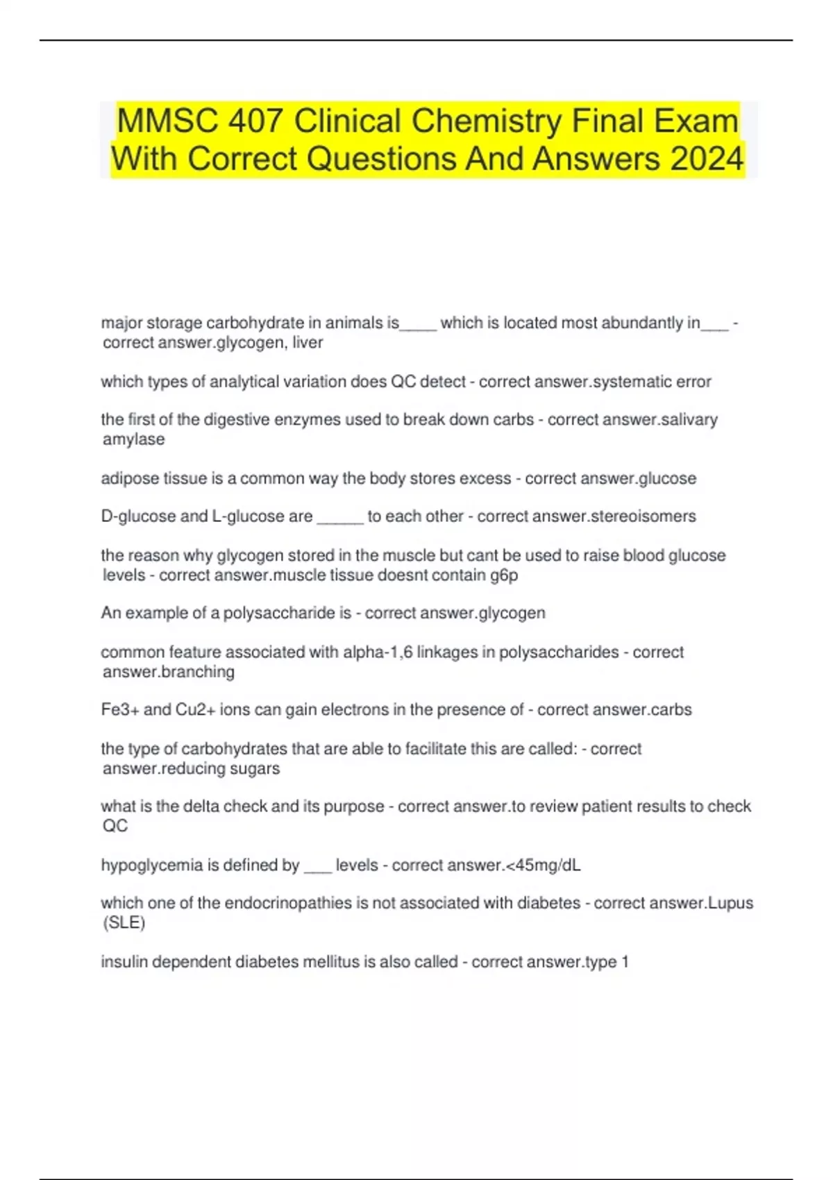 MMSC 407 Clinical Chemistry Final Exam With Correct Questions And ...