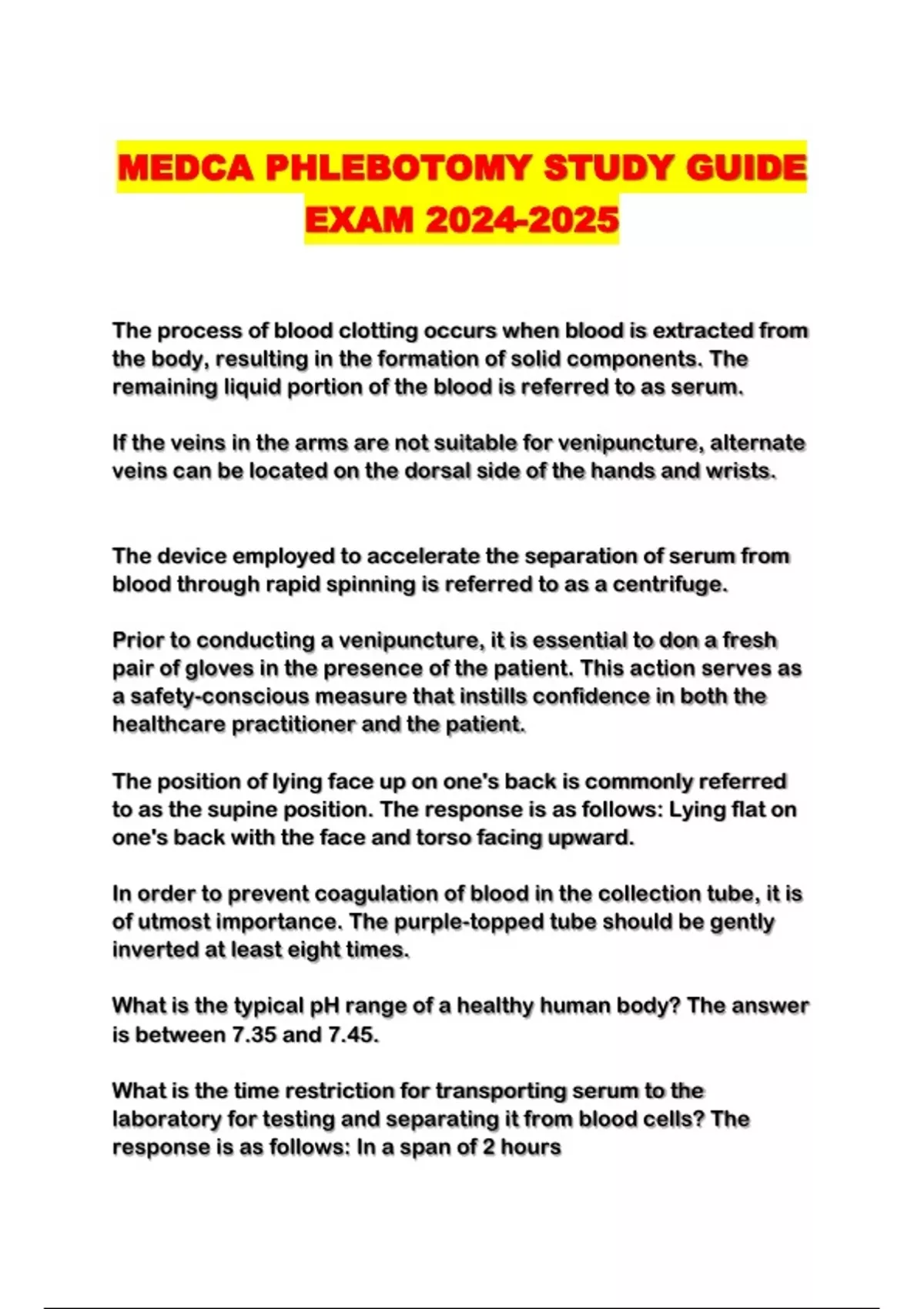 MEDCA PHLEBOTOMY STUDY GUIDE EXAM - MEDCA PHLEBOTOMY - Stuvia US