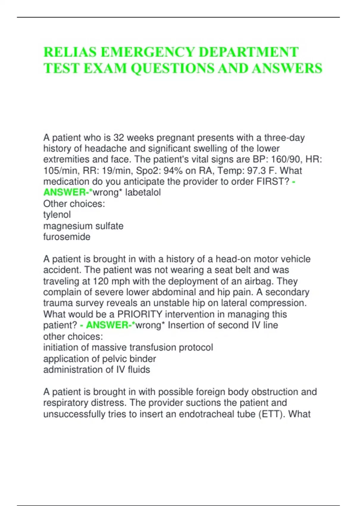 RELIAS EMERGENCY DEPARTMENT TEST EXAM QUESTIONS AND ANSWERS - RELIAS ...
