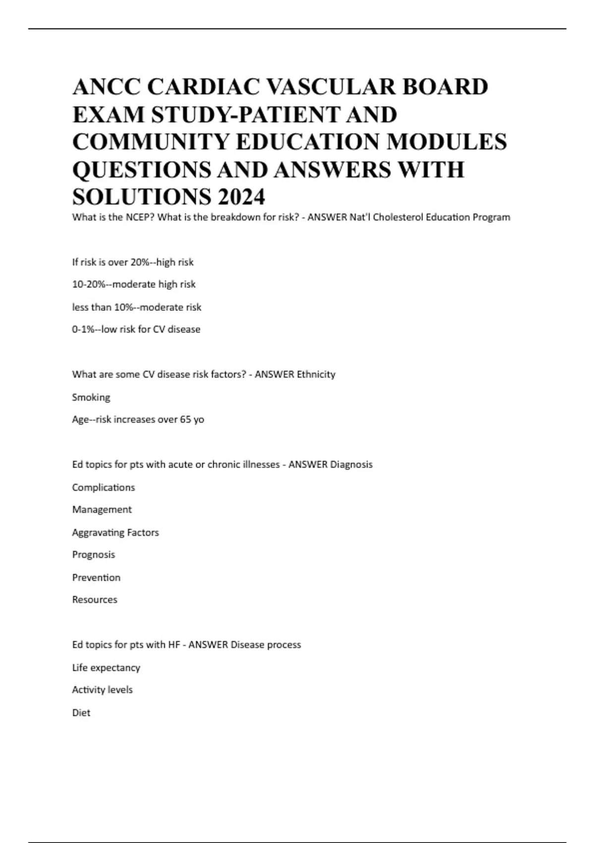 ANCC CARDIAC VASCULAR BOARD EXAM STUDY-PATIENT AND COMMUNITY EDUCATION ...