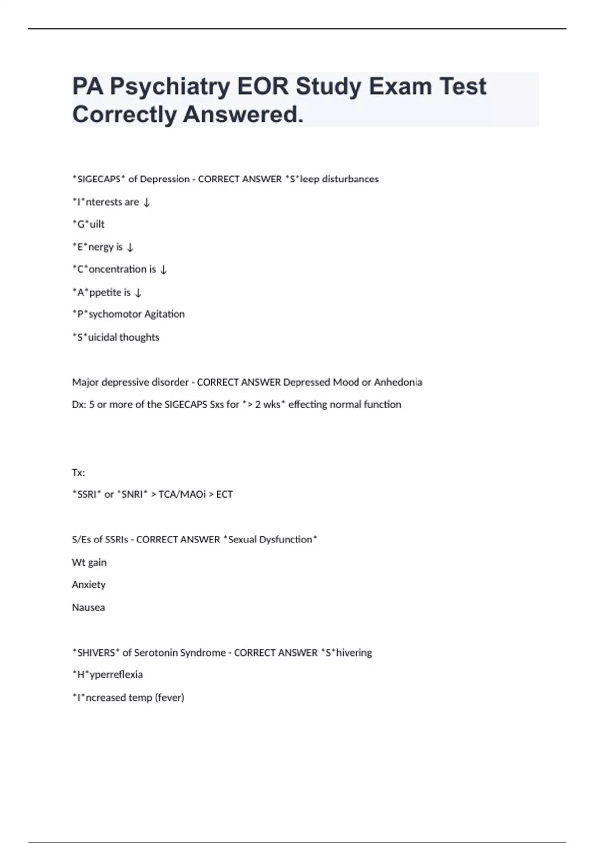 PA Psychiatry EOR Study Exam Test Correctly Answered. - CAQ - Stuvia US
