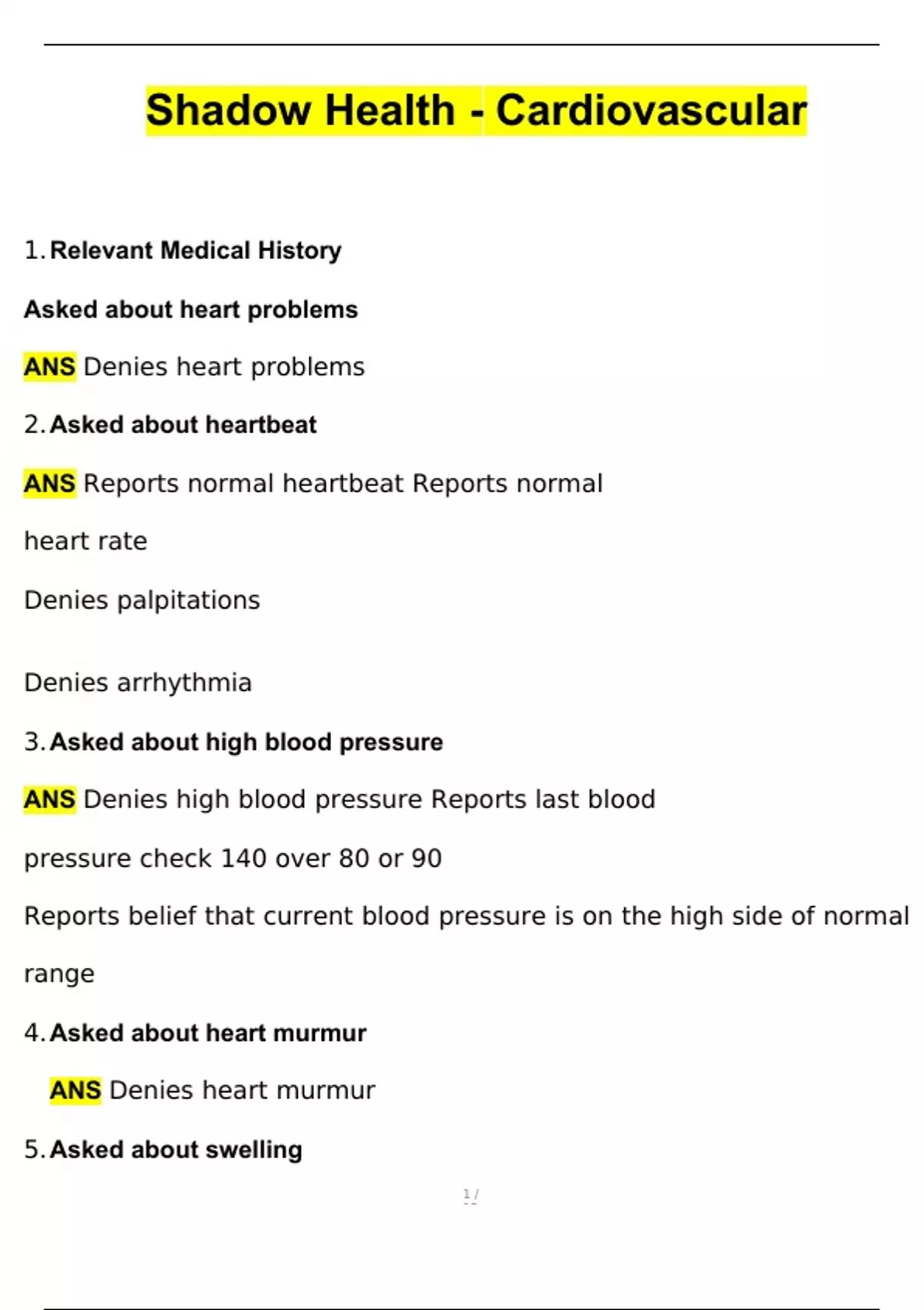 Shadow Health Cardiovascular Questions and Answers (2024 / 2025 ...