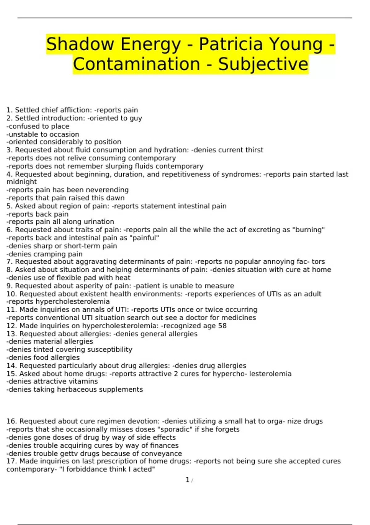 Shadow Health Patricia Young Infection Subjective Questions and Answers ...