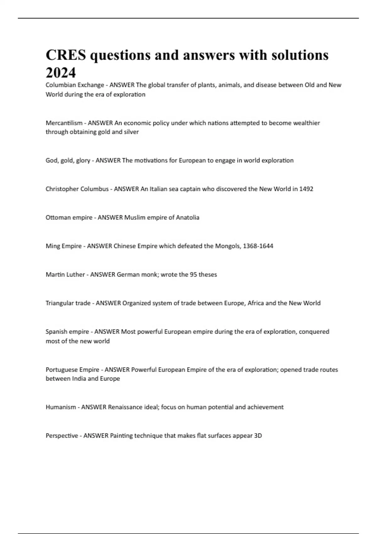 CRES questions and answers with solutions 2024 - Cres - Stuvia US