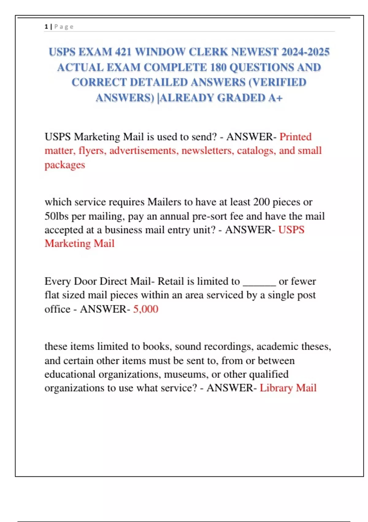 USPS EXAM 421 WINDOW CLERK NEWEST ACTUAL EXAM COMPLETE 180 QUESTIONS ...