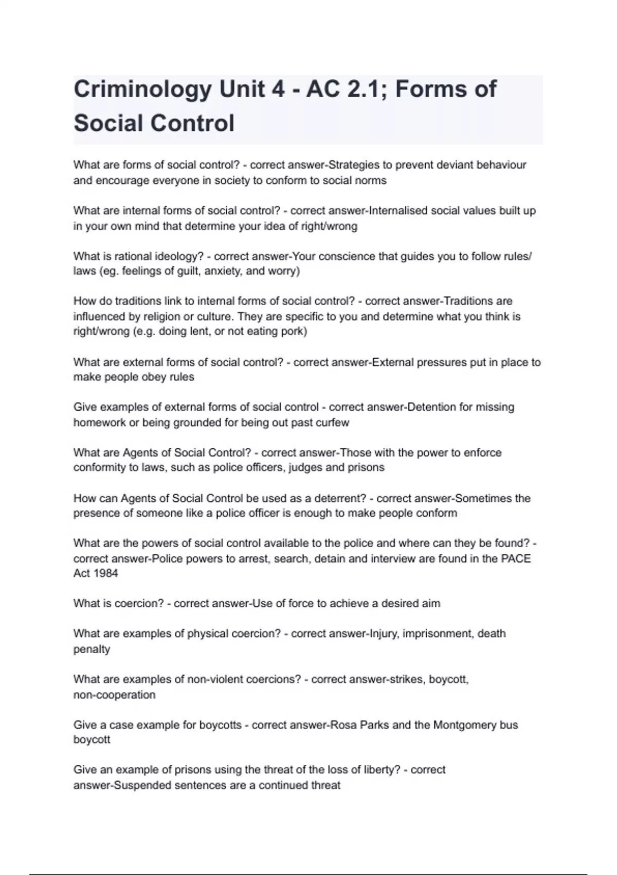 Criminology Unit 4 - AC 2.1; Forms of Social Control - AC2.1 ...