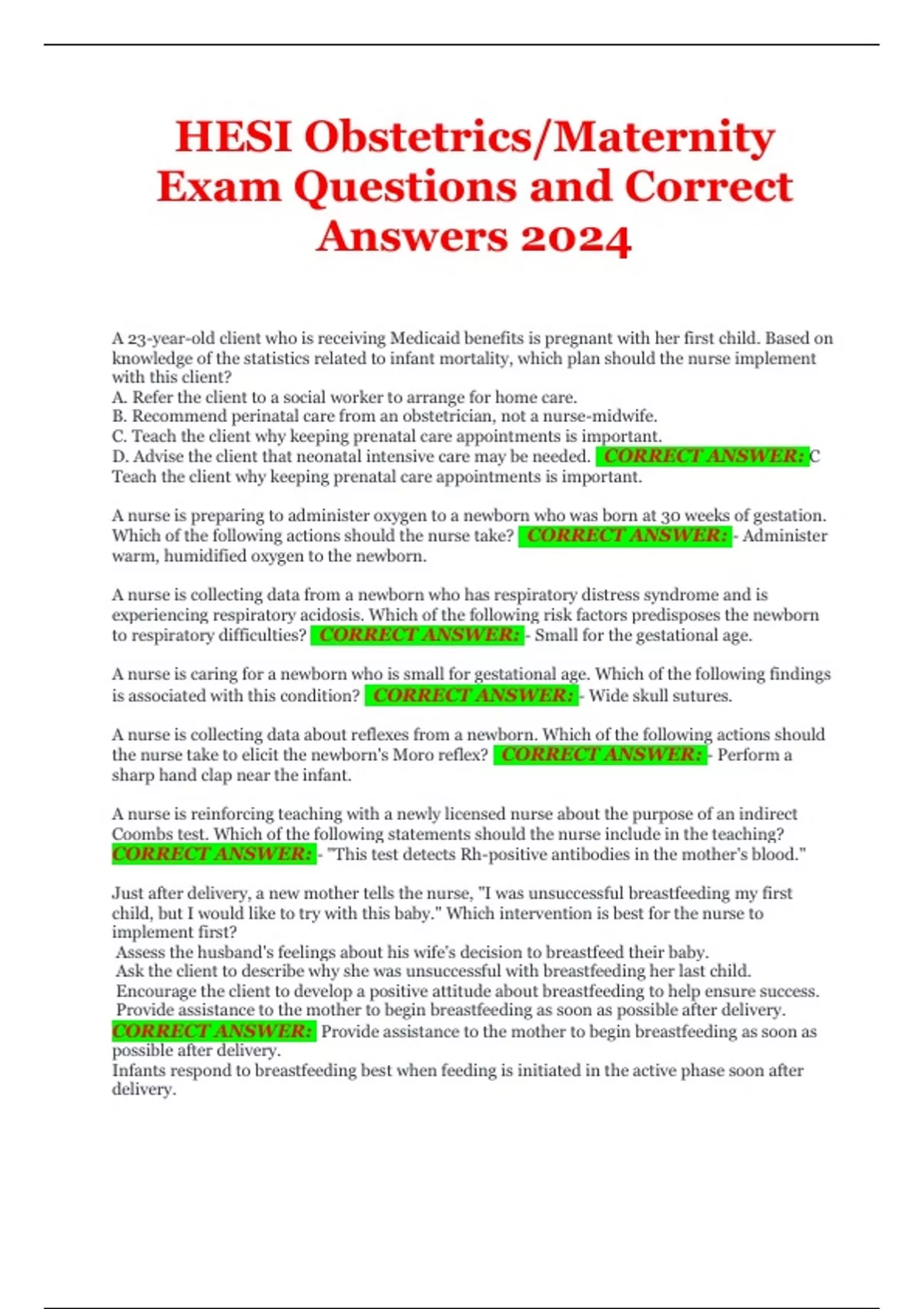 HESI Obstetrics/Maternity Exam Questions and Correct Answers 2024 - NU ...