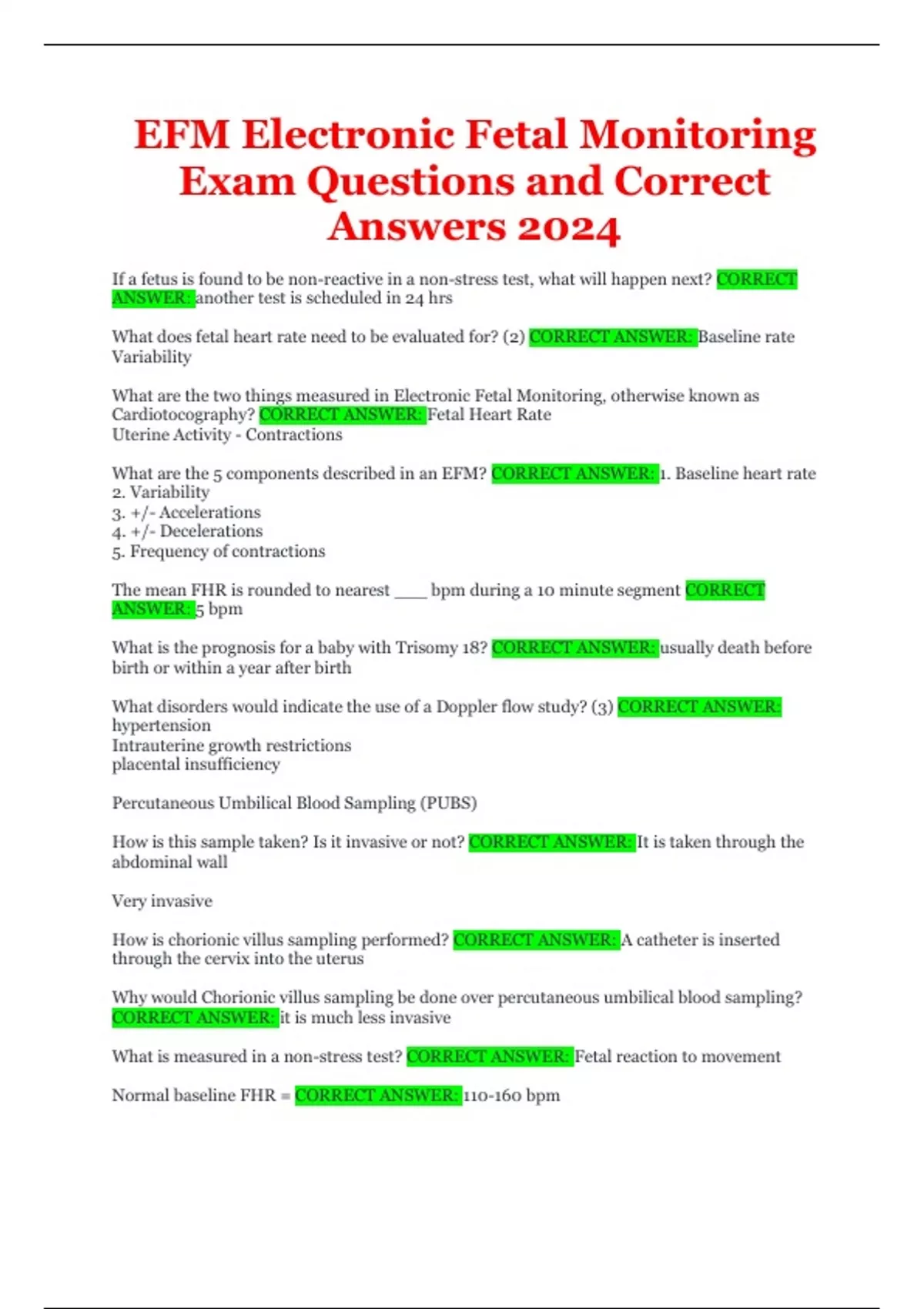 EFM Electronic Fetal Monitoring Exam Questions and Correct Answers 2024 - EFM Electronic Fetal ...
