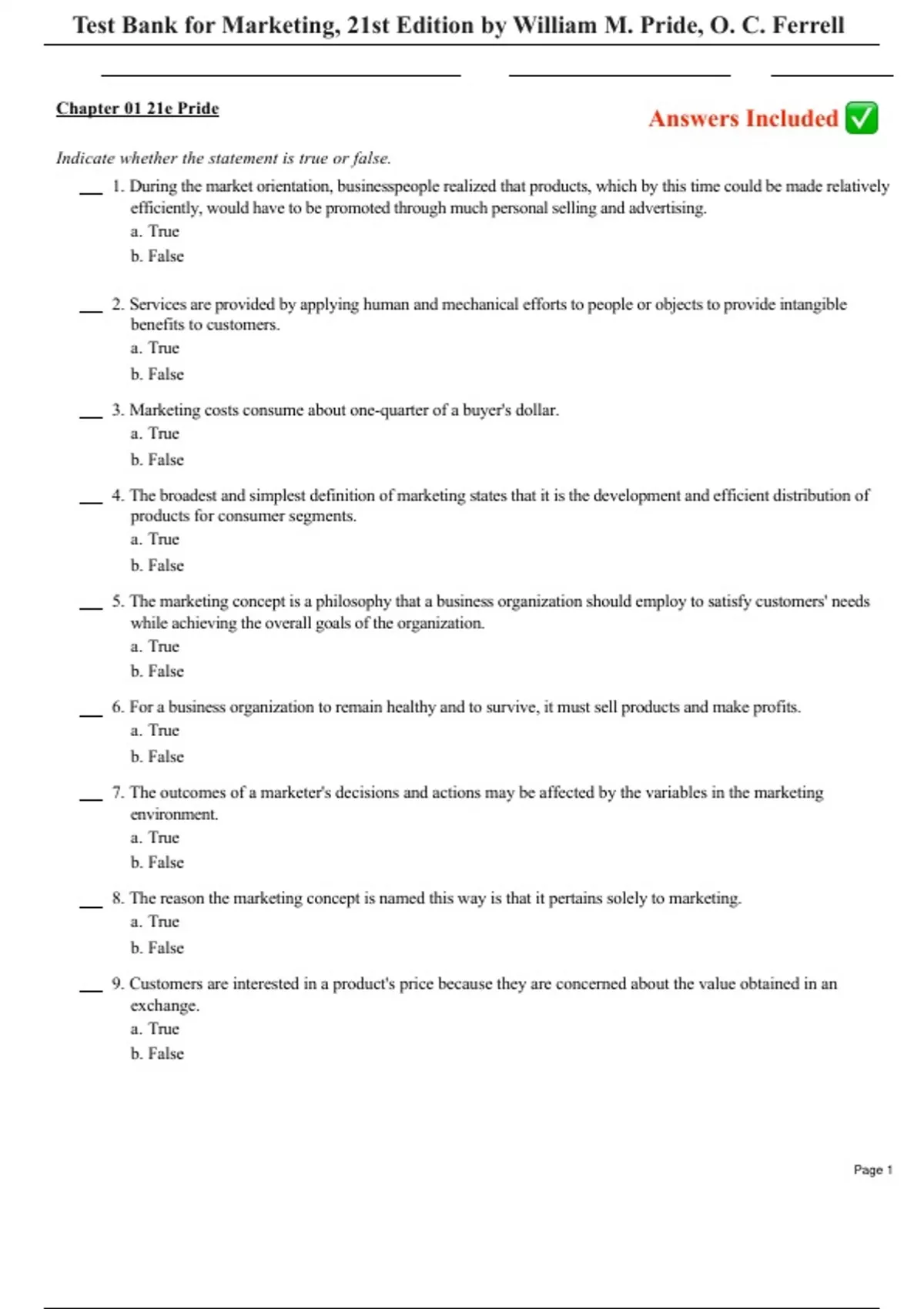 Test Bank for Marketing, 21st Edition by William M. Pride | Complete ...