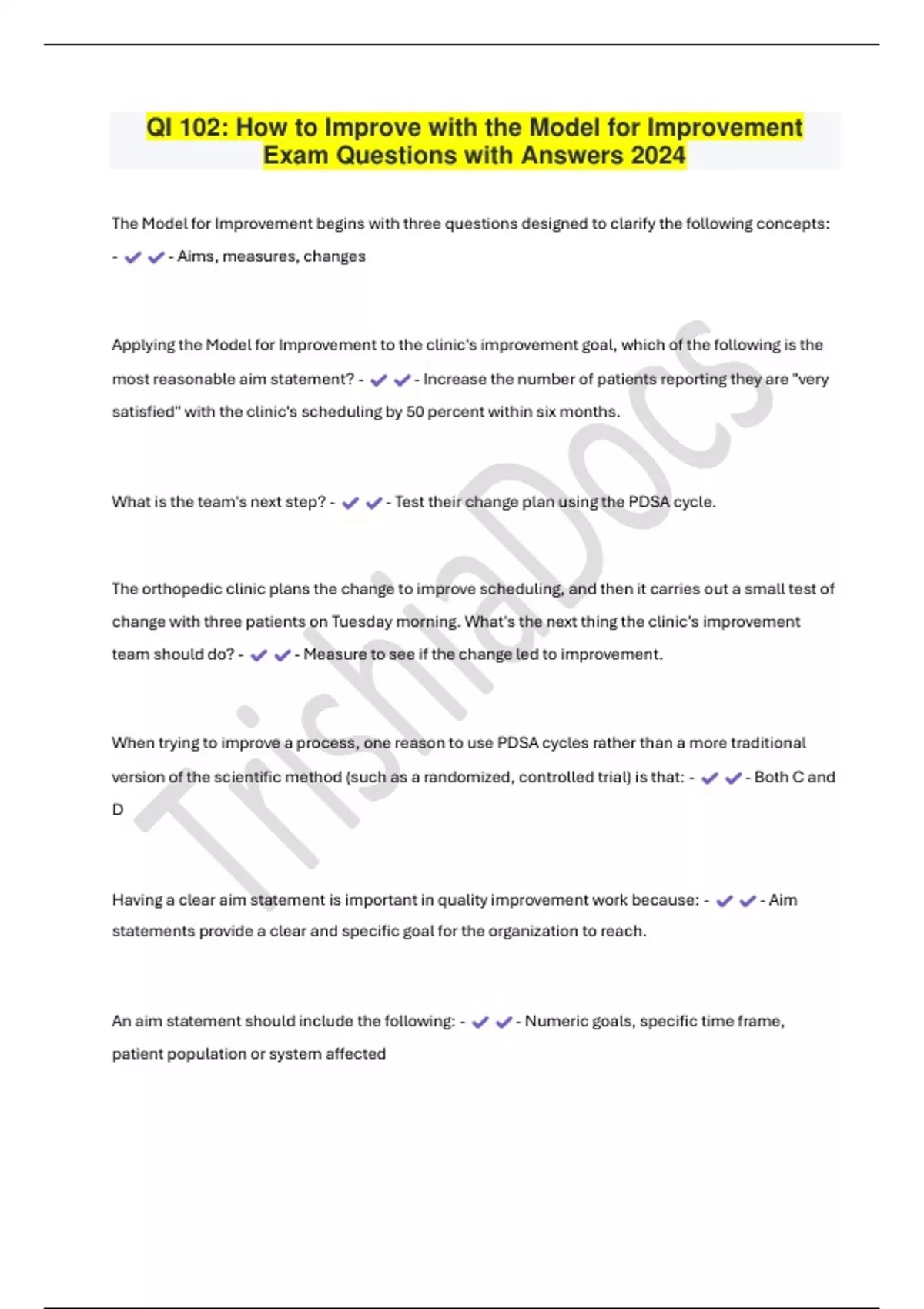 QI 102: How to Improve with the Model for Improvement Exam Questions ...