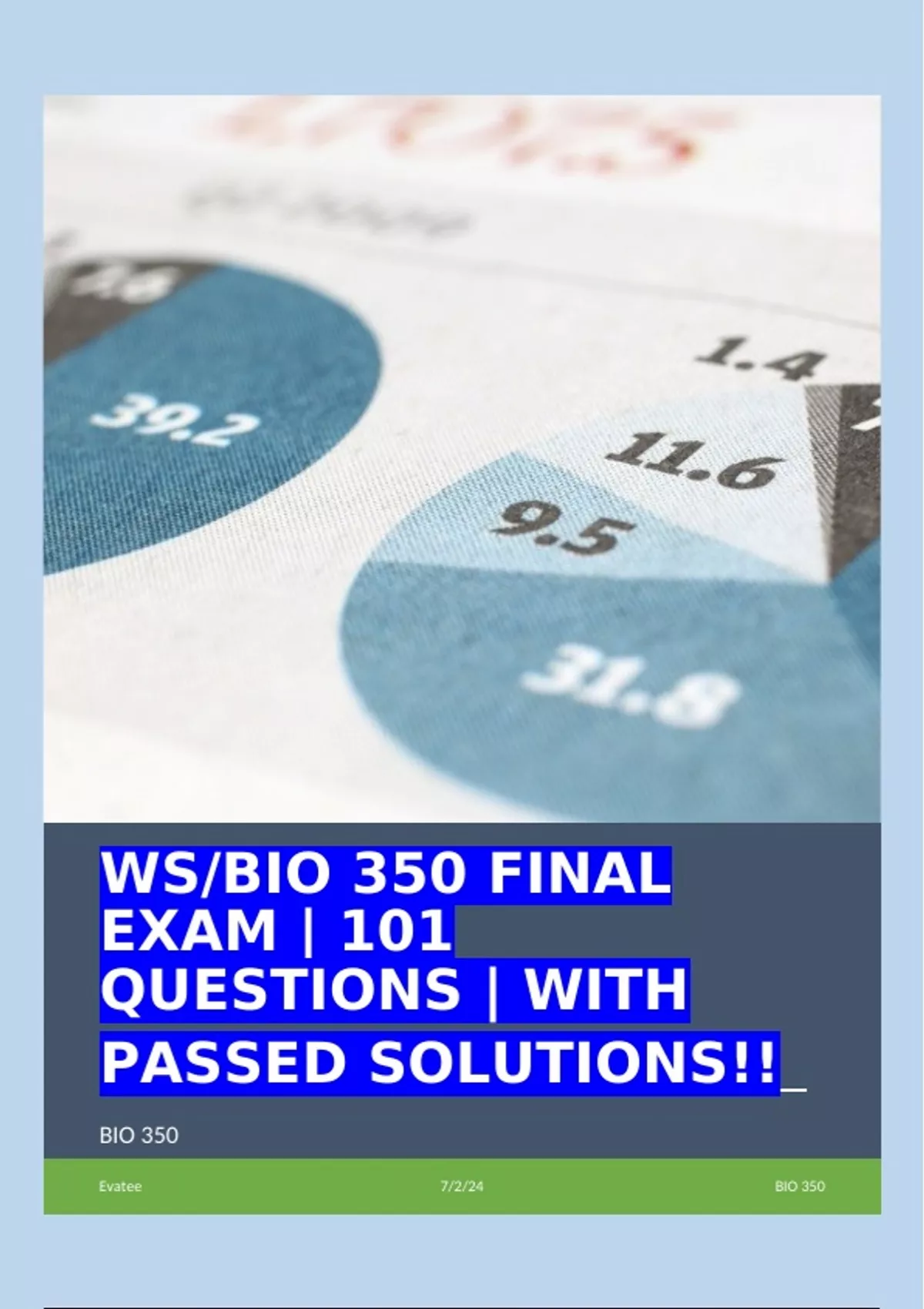 WS/BIO 350 FINAL EXAM | 101 QUESTIONS | WITH PASSED SOLUTIONS!! - WS/BIO 350 - Stuvia US
