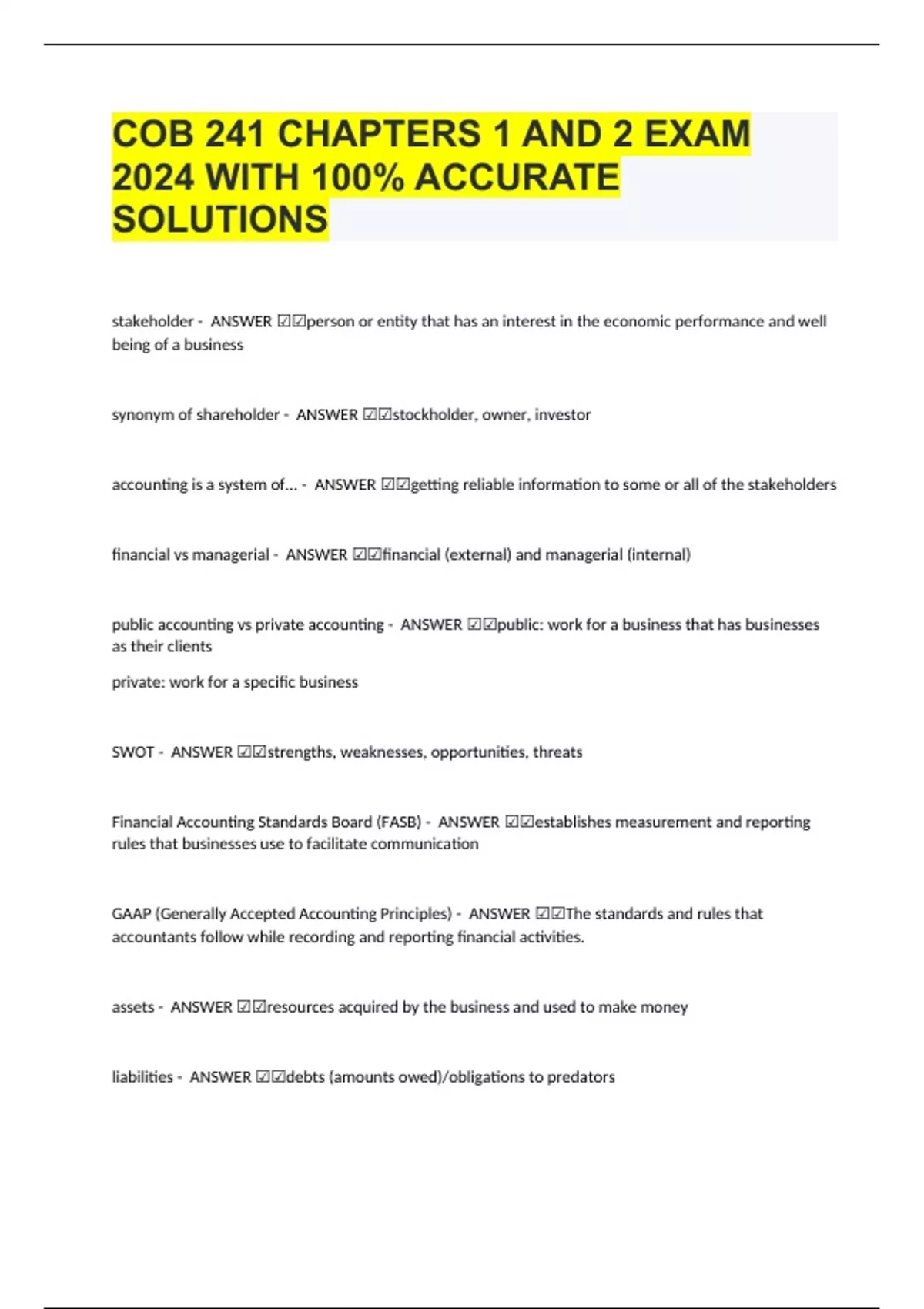 COB 241 CHAPTERS 1 AND 2 EXAM 2024 WITH 100% ACCURATE SOLUTIONS - COB ...