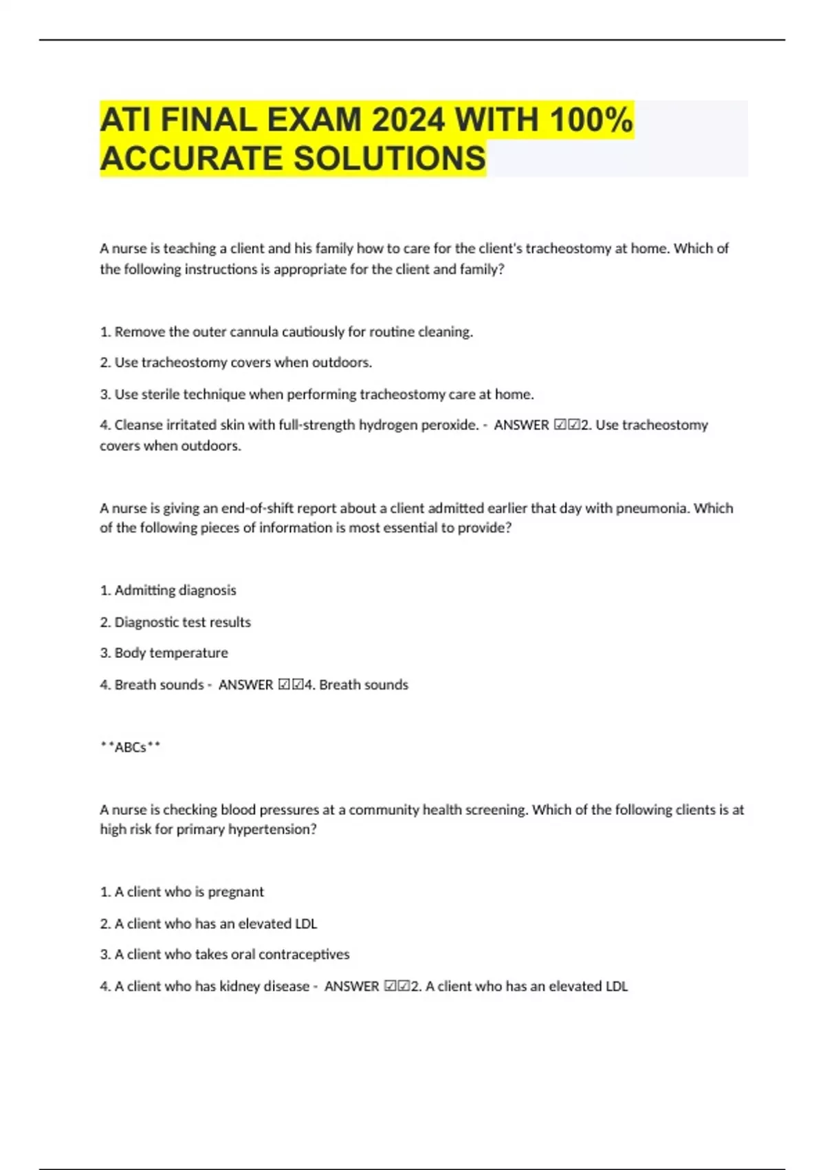 ATI FINAL EXAM 2024 WITH 100% ACCURATE SOLUTIONS - ATI - Stuvia US