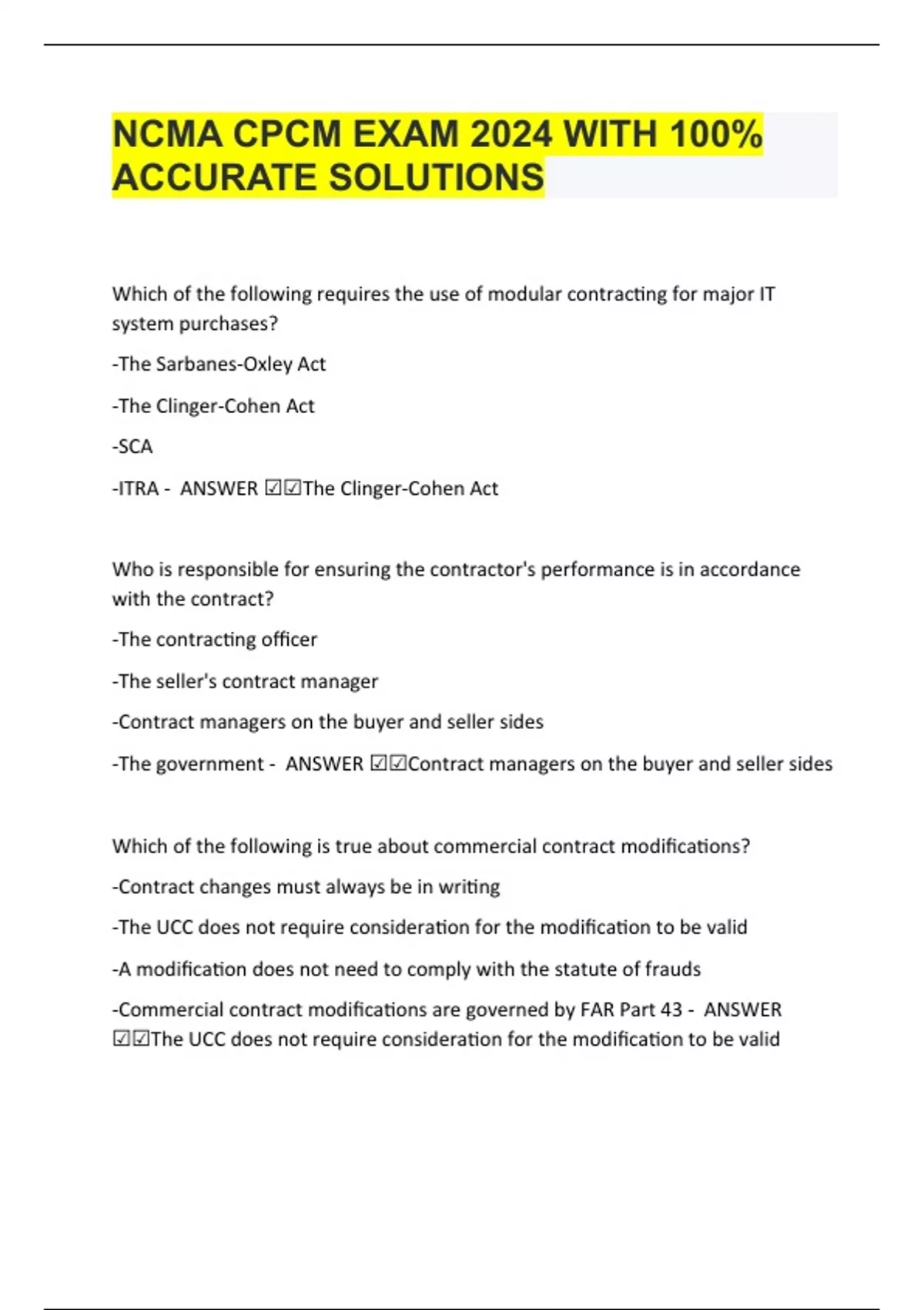 NCMA CPCM EXAM 2024 WITH 100% ACCURATE SOLUTIONS - NCMA CPCM - Stuvia US