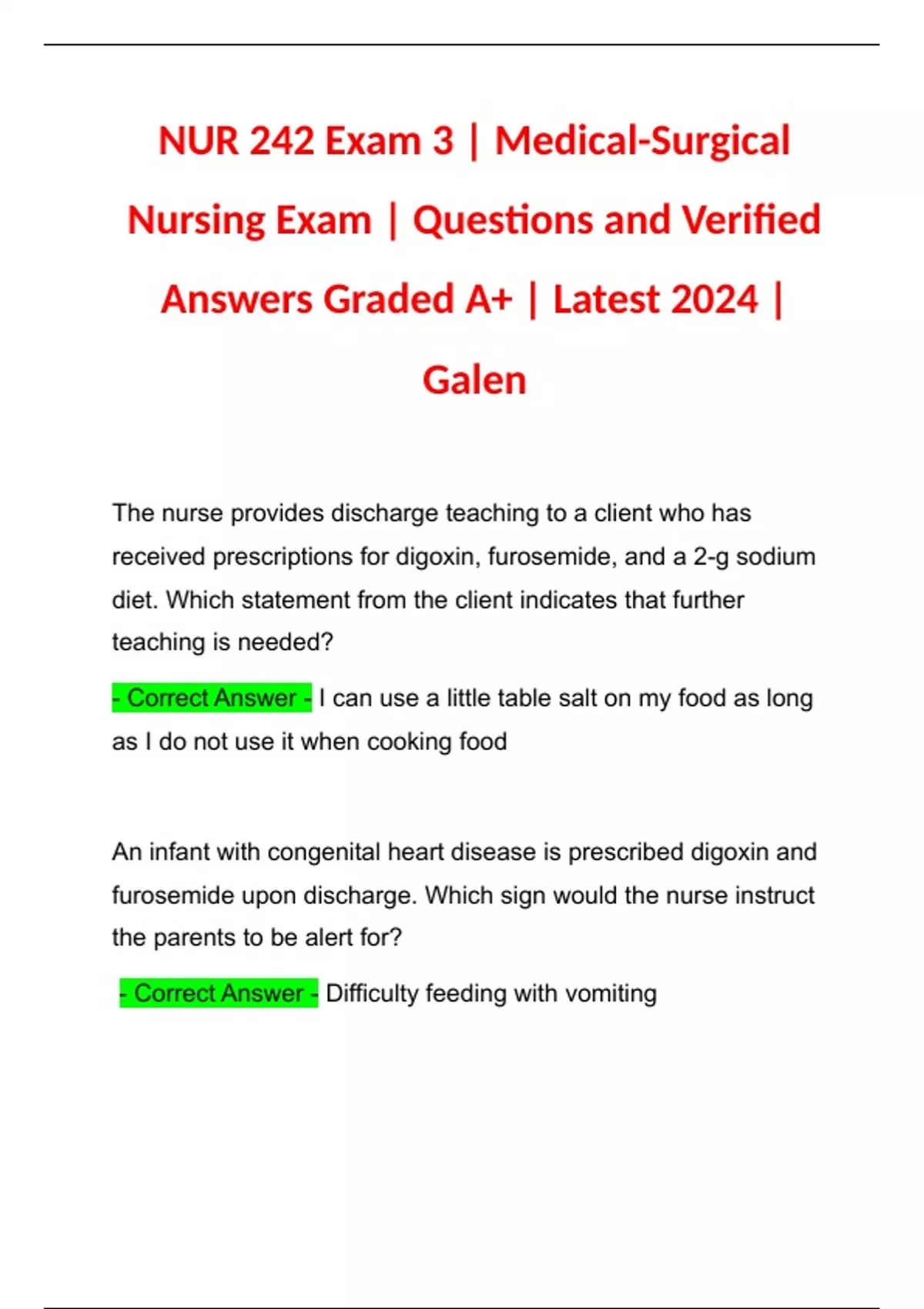 NUR 242 Exam 3 | Medical-Surgical Nursing Exam | Questions and Verified Answers Graded A+ ...
