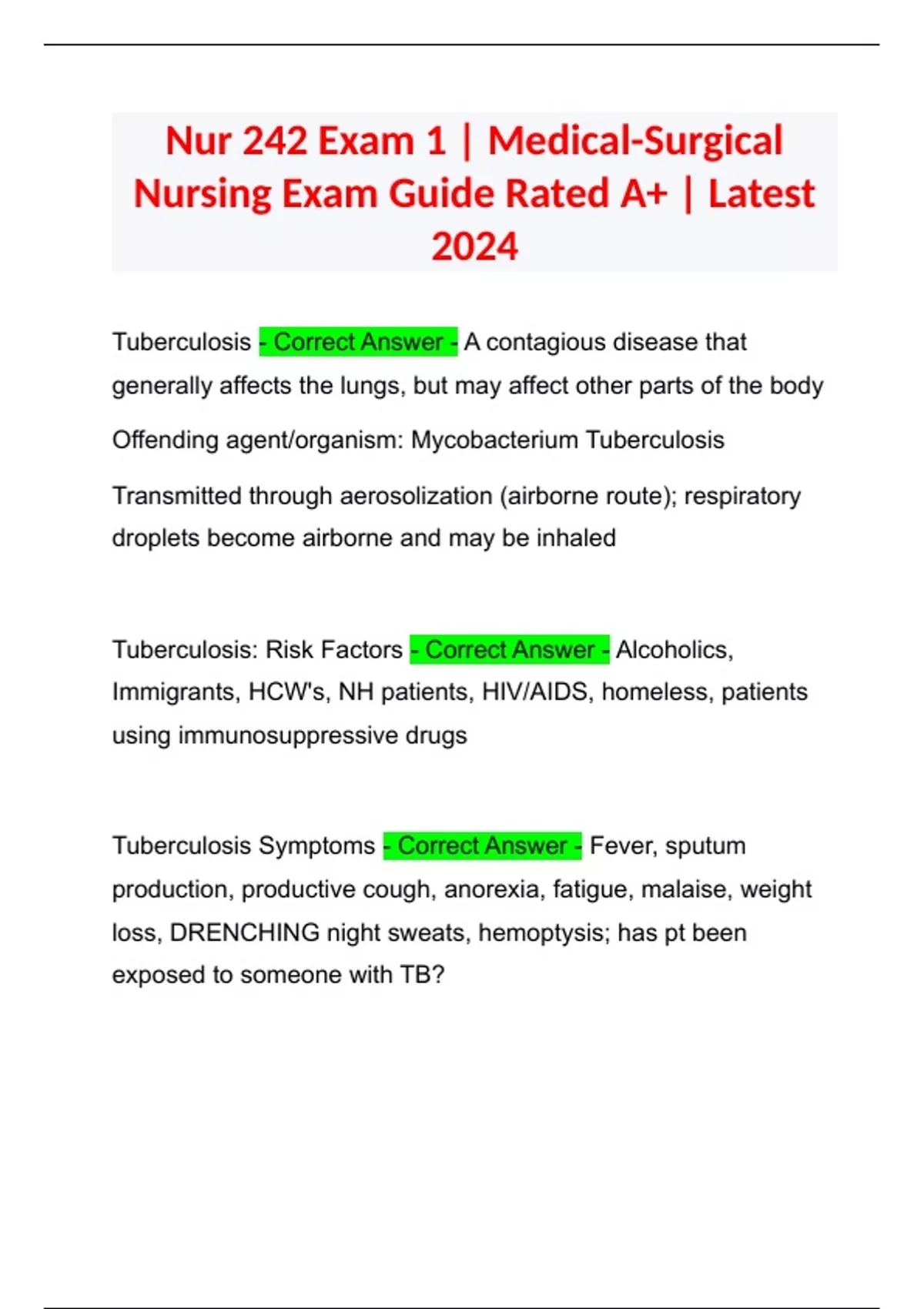 Nur 242 Exam 1 | Medical-Surgical Nursing Exam Guide Rated A+ | Latest ...