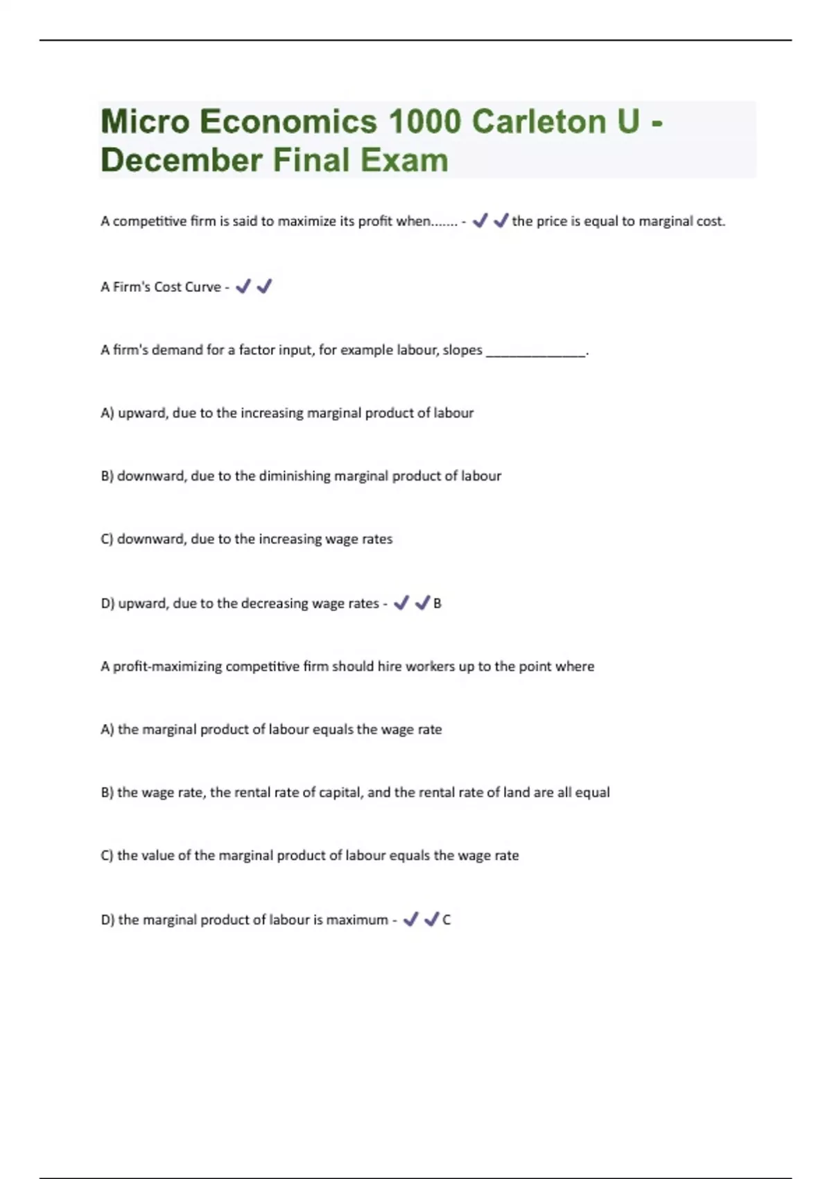 Micro Economics 1000 Carleton U -December Final Exam Questions And ...