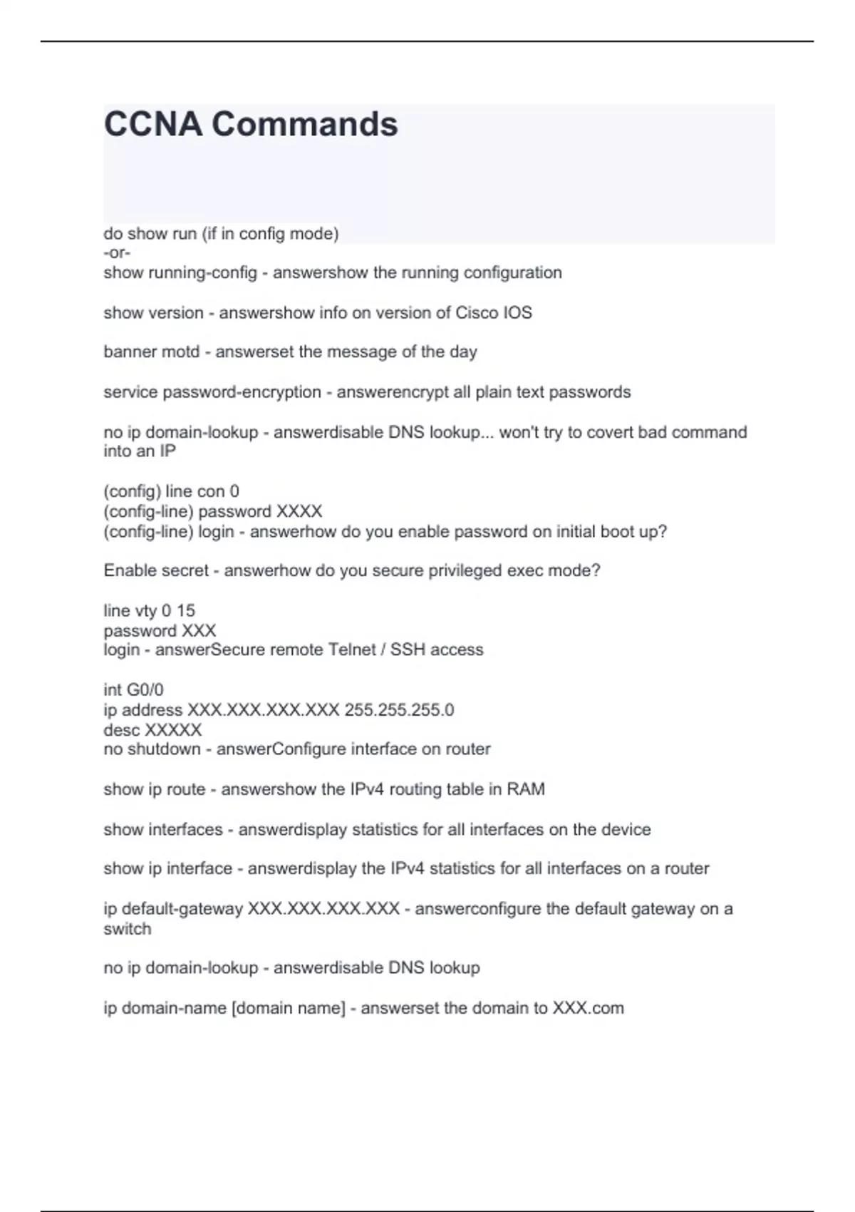 CCNA Commands Questions and Answers - CCNA - Cisco Certified Network Associate - Stuvia US