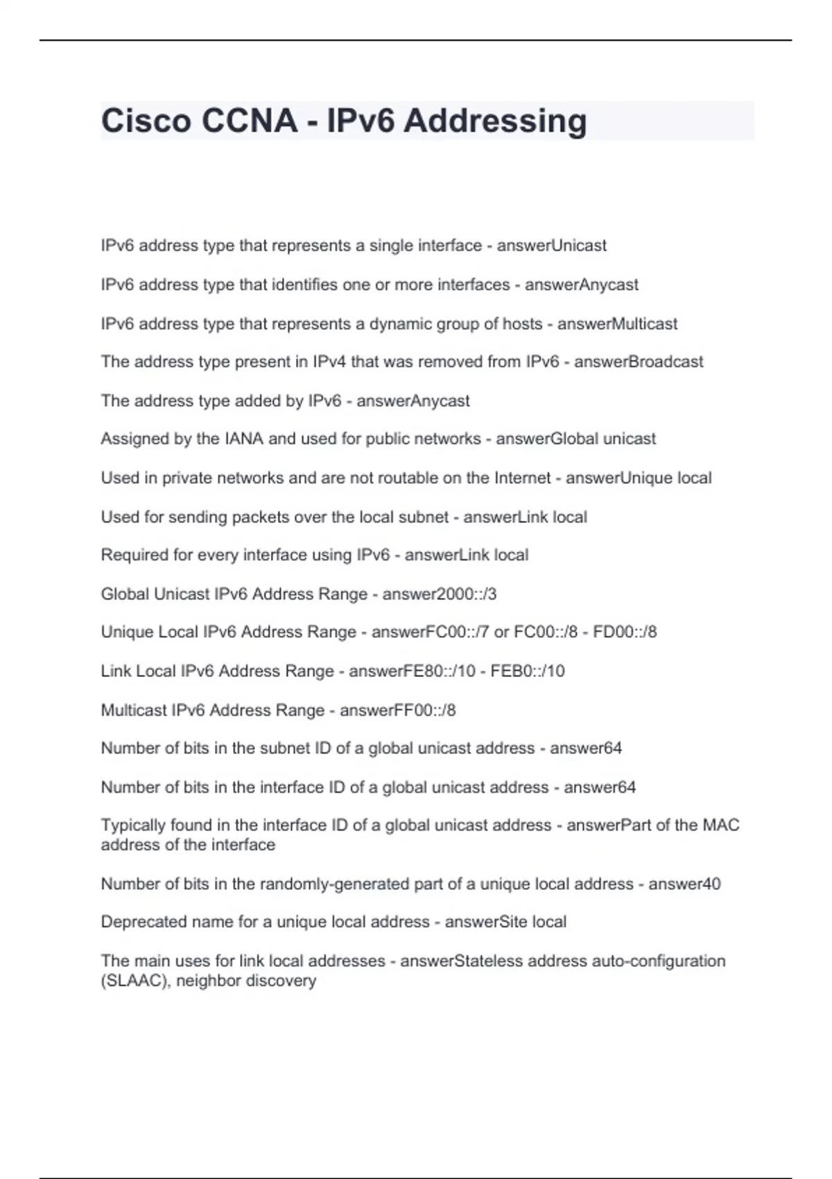 Cisco CCNA - IPv6 Addressing Questions and Answers 2024 - CCNA - Cisco Certified Network ...