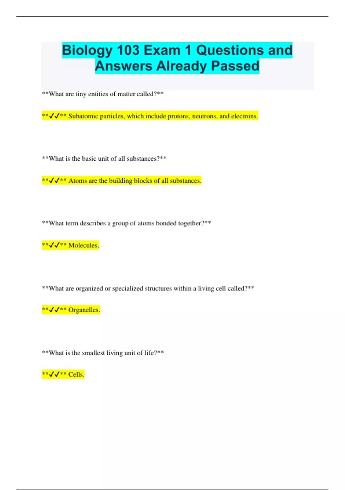 Biology 103 Exam 1 Questions and Answers Already Passed - Biology 103 - Stuvia US