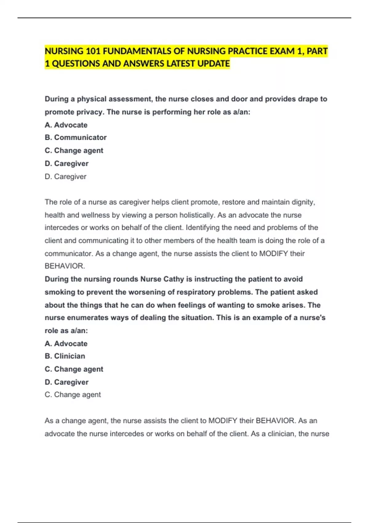 NURSING 101 FUNDAMENTALS OF NURSING PRACTICE EXAM 1, PART 1 QUESTIONS ...