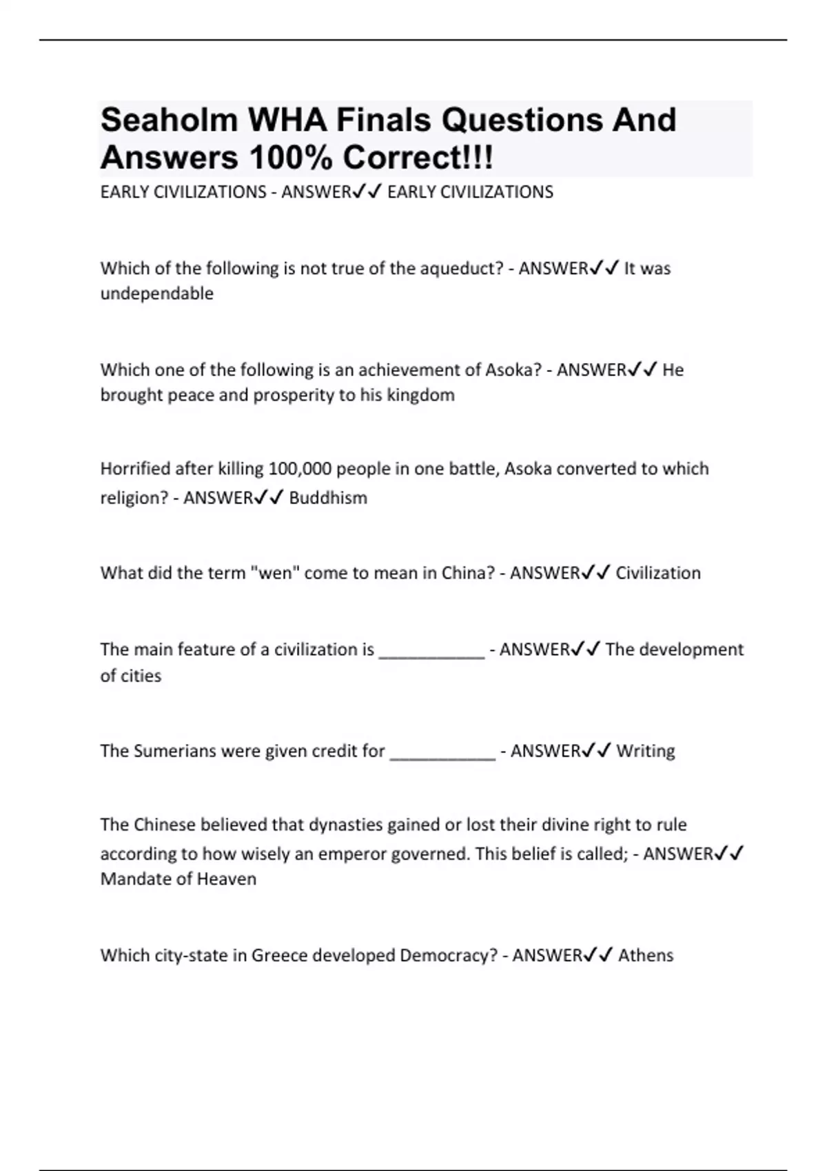 Seaholm WHA Finals Questions And Answers 100% Correct!!! - WHA - Stuvia US