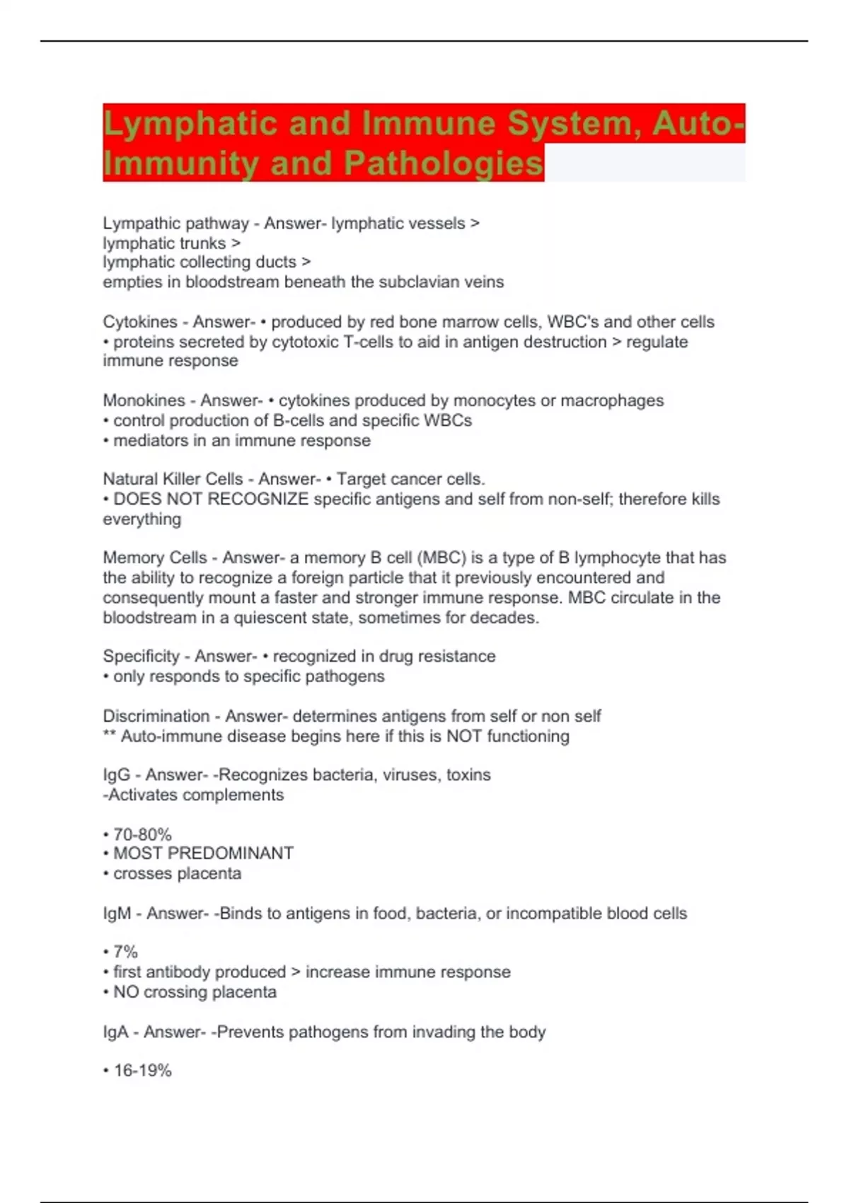 Lymphatic and Immune System, Auto-Immunity and Pathologies Questions ...