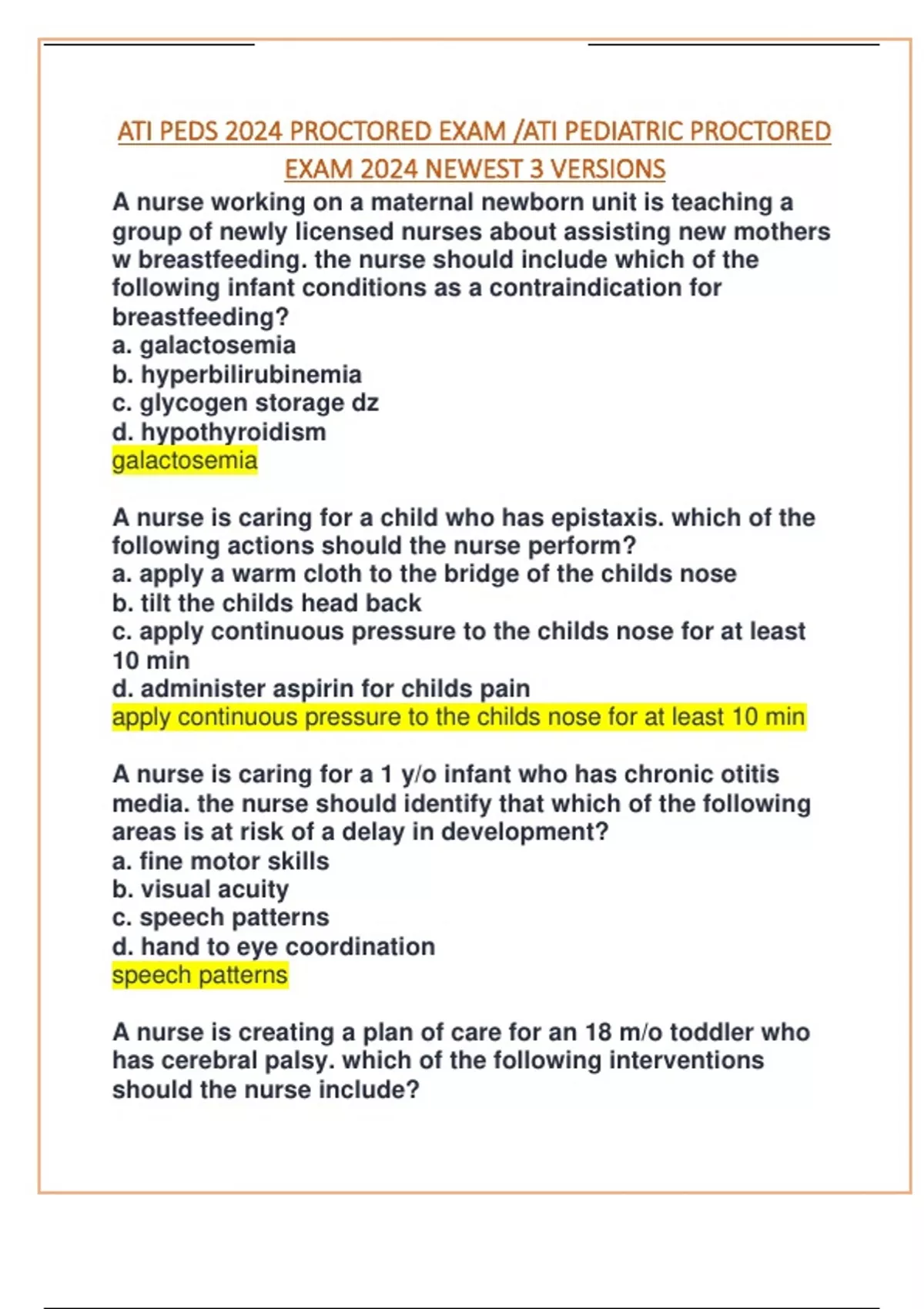 ATI PEDS 2024 PROCTORED EXAM /ATI PEDIATRIC PROCTORED EXAM 2024 NEWEST ...