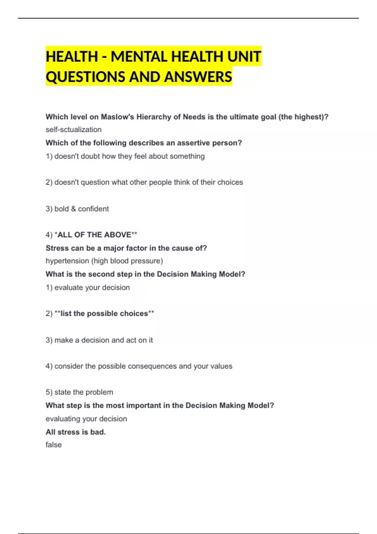 HEALTH - MENTAL HEALTH UNIT QUESTIONS AND ANSWERS - MENTAL HEALTH ...